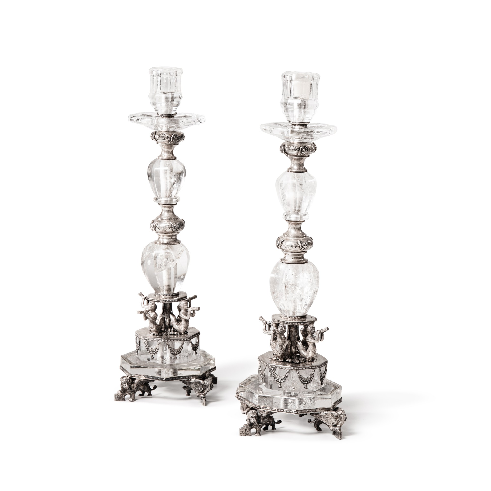 A pair of Austro-Hungarian silver-mounted rock crystal candlesticks ...