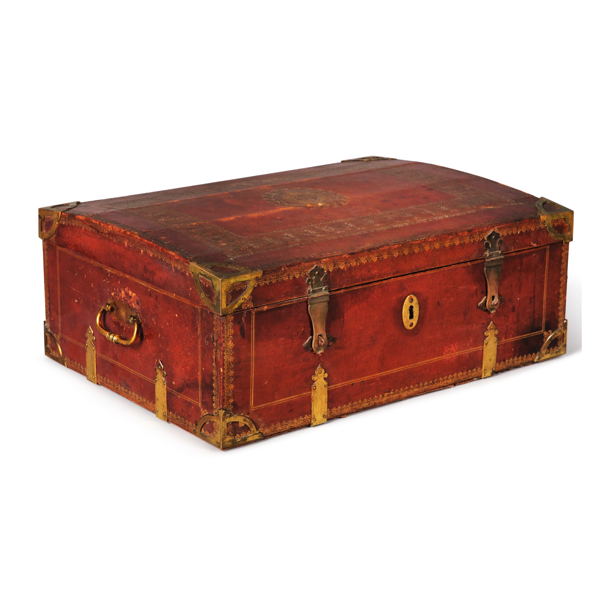 A FRENCH LOUIS XIV STYLE RED MOROCCO LEATHER CASKET WITH COAT OF ARMS ...