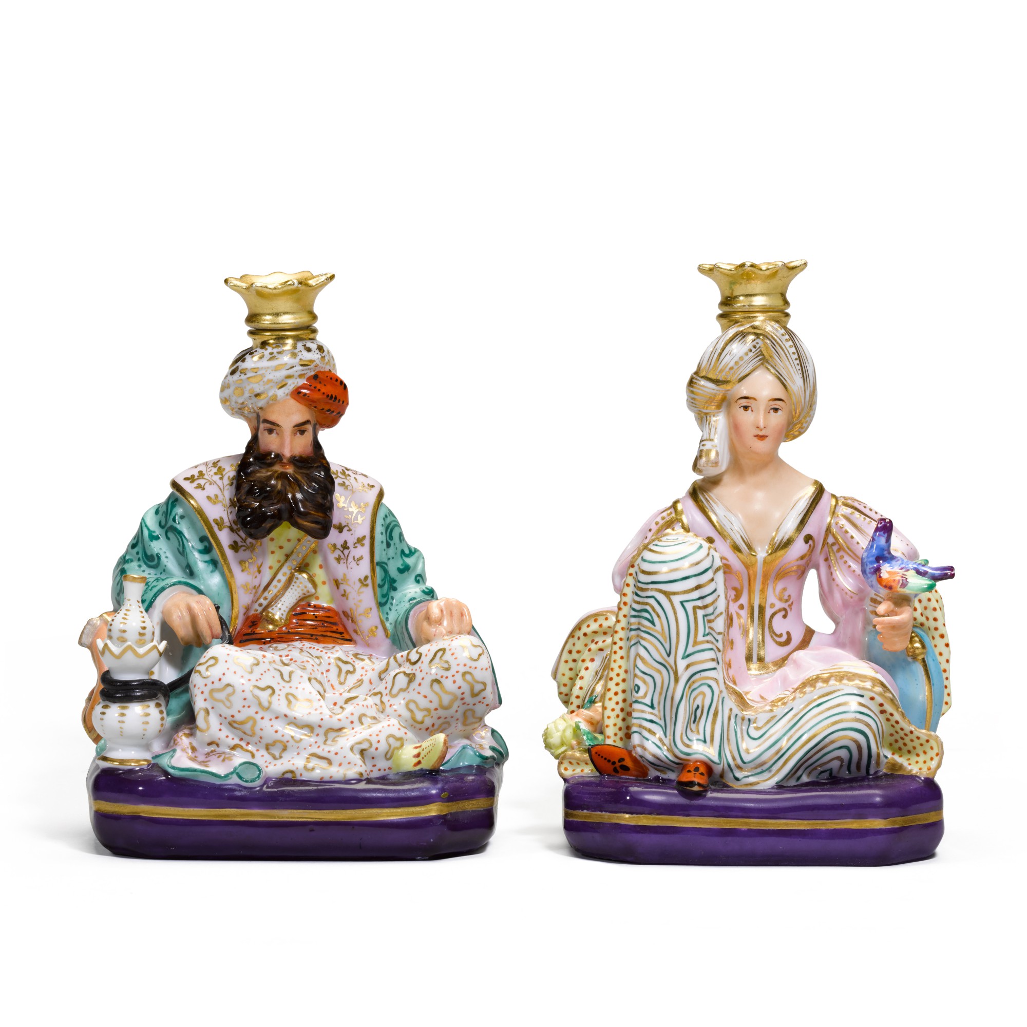 A pair of porcelain seated Sultan and Sultana figurines, Jacob Petit ...