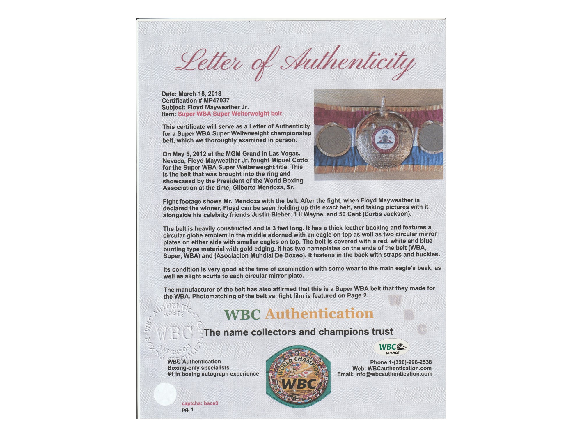 2012 Super WBA Super Welterweight Championship Belt Presented To Floyd ...