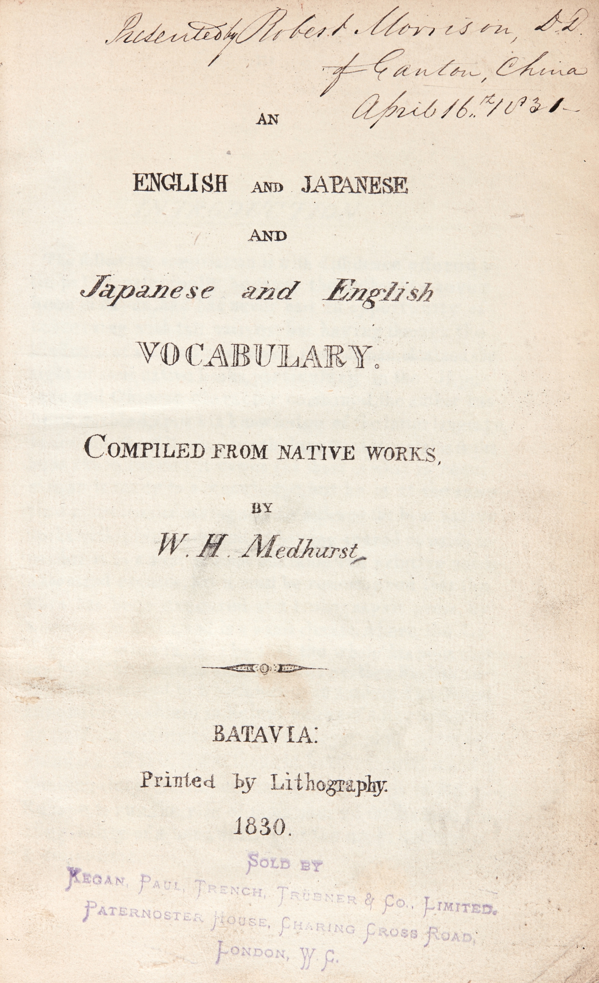 W. H. Medhurst, English-Japanese/Japanese-English vocabulary, 1830 ...