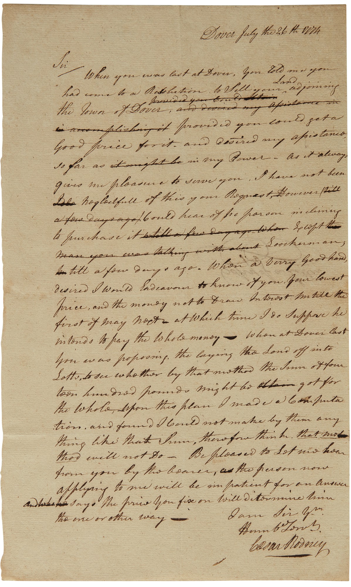 Rodney, Caesar. Autograph letter draft signed, to an unidentified ...