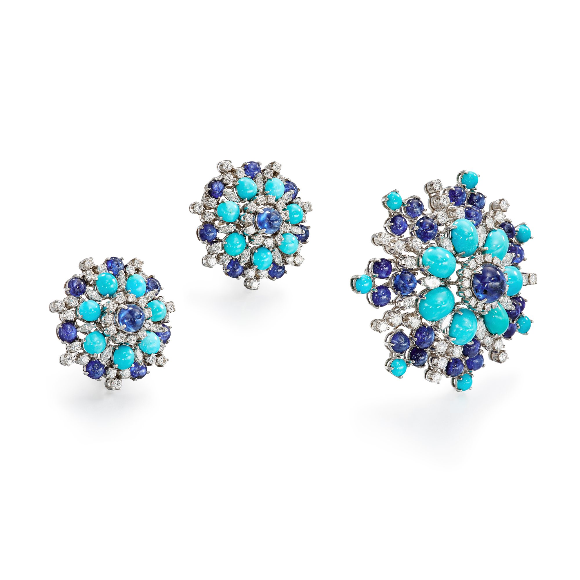 Sapphire Turquoise And Diamond Demi Parure 藍寶石 配 綠松石 及 鑽石 胸針 及 耳環 套裝
