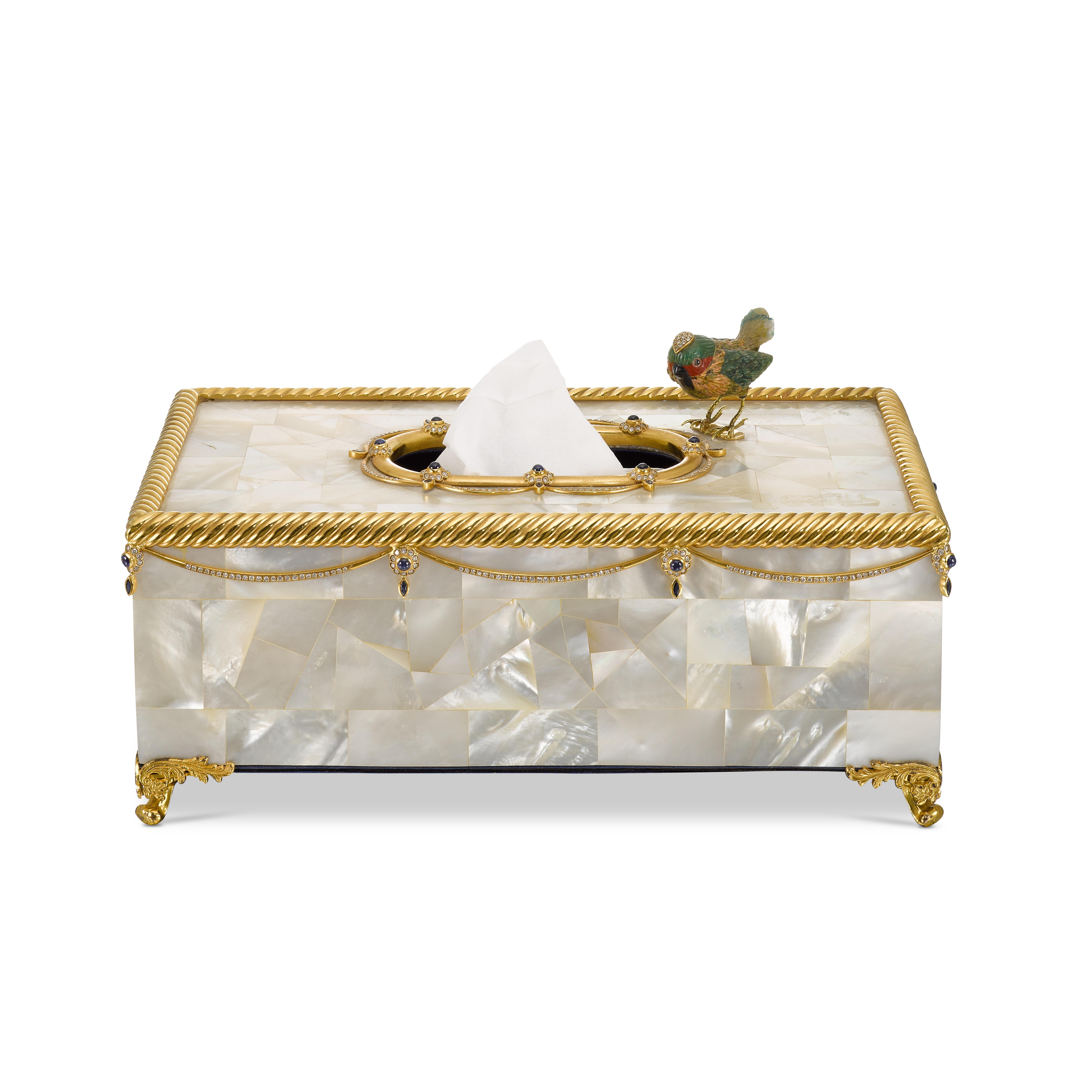 A jewelled gold, hardstone and mother-of-pearl tissue box cover, late ...
