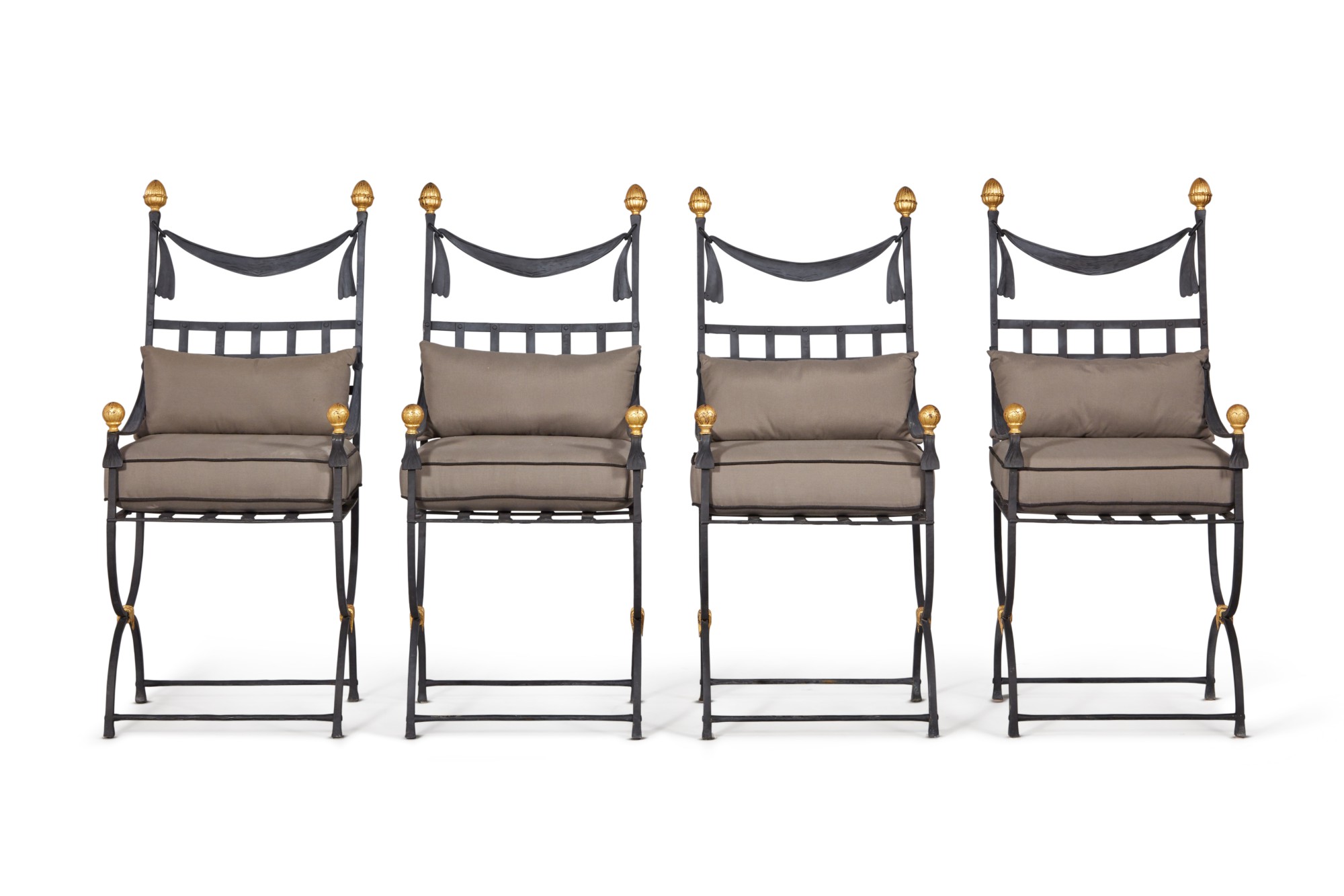 A Set of Four Grey/Black Painted and Parcel Gilt Wrought Iron Tall ...