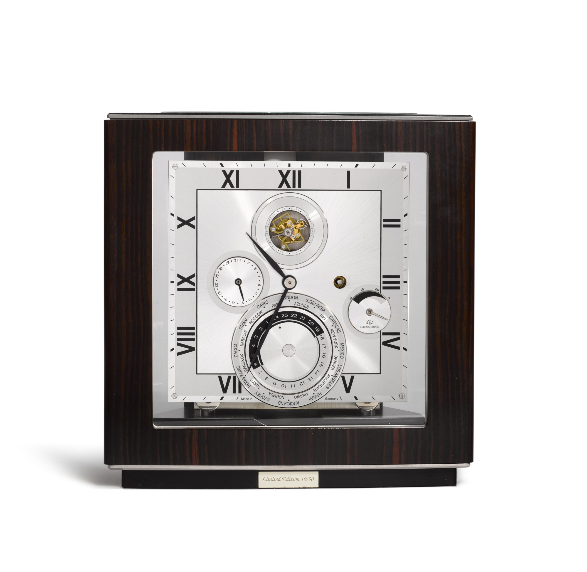Buben Zorweg "Pythagoras" world time tourbillon mantle clock in steel ...
