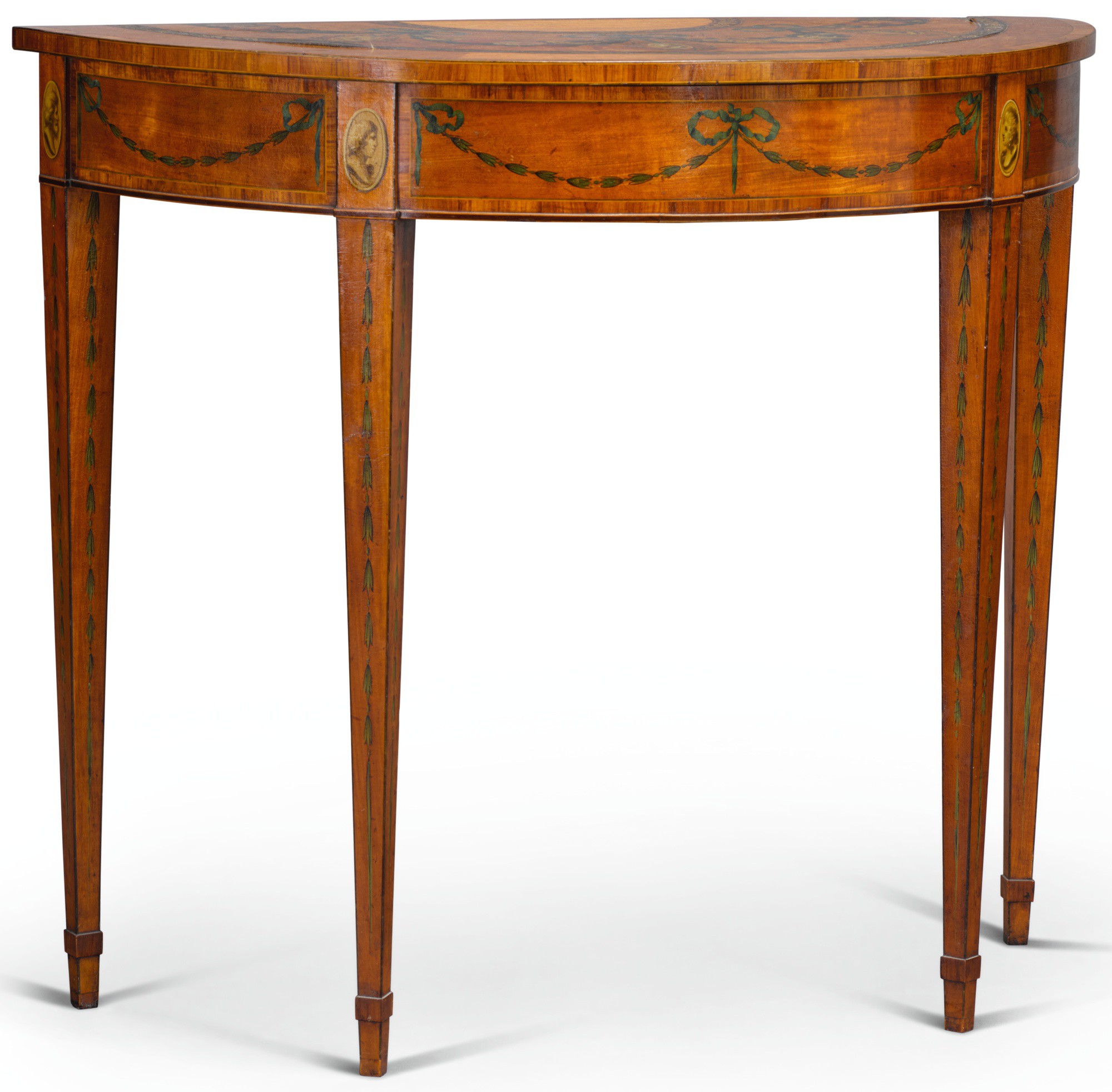 A GEORGE III TUILIPWOOD CROSSBANDED AND PAINTED SATINWOOD PIER TABLE ...