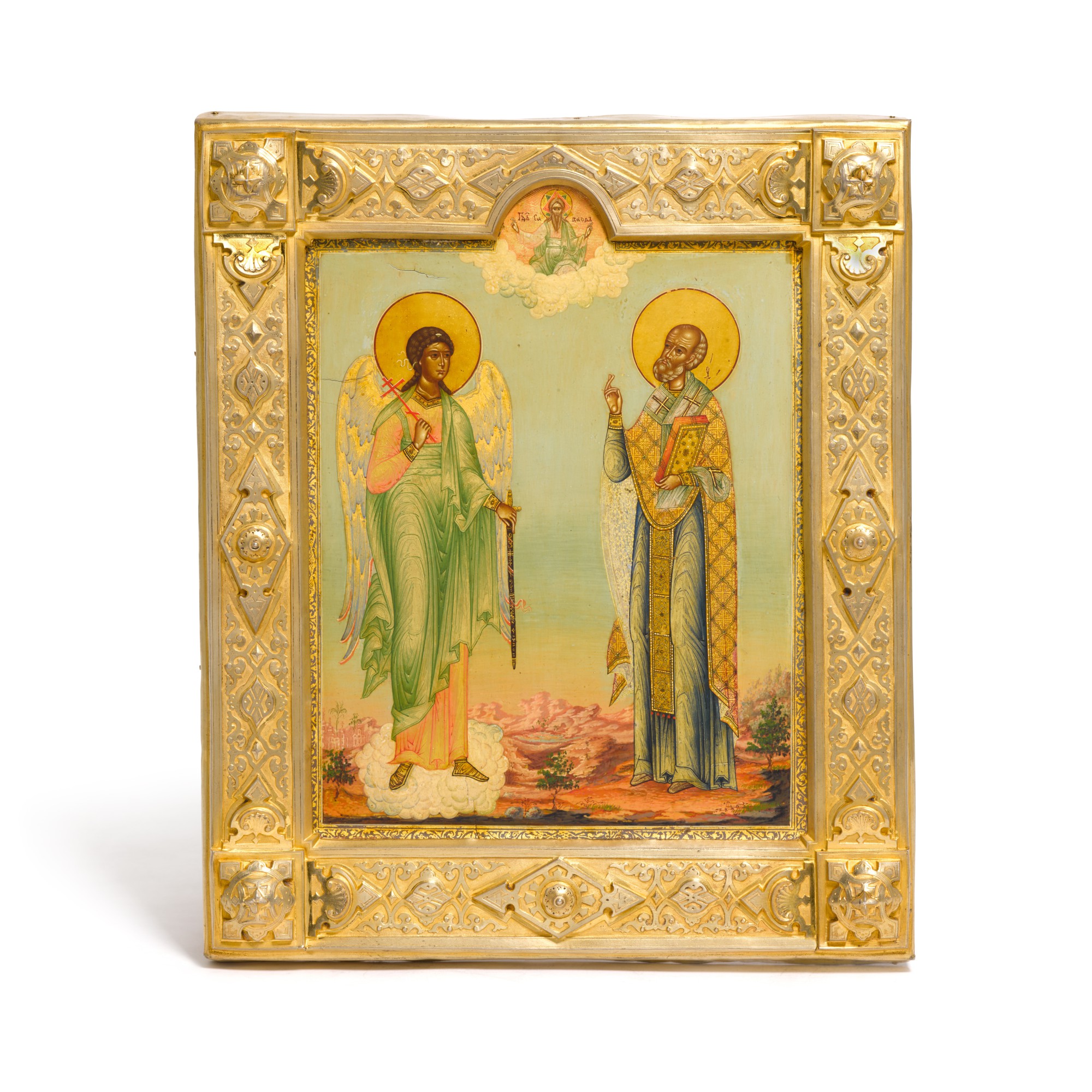 A silver-gilt icon of St Nicholas the Wonderworker and the Archangel Michael, maker's mark I.Zh ...