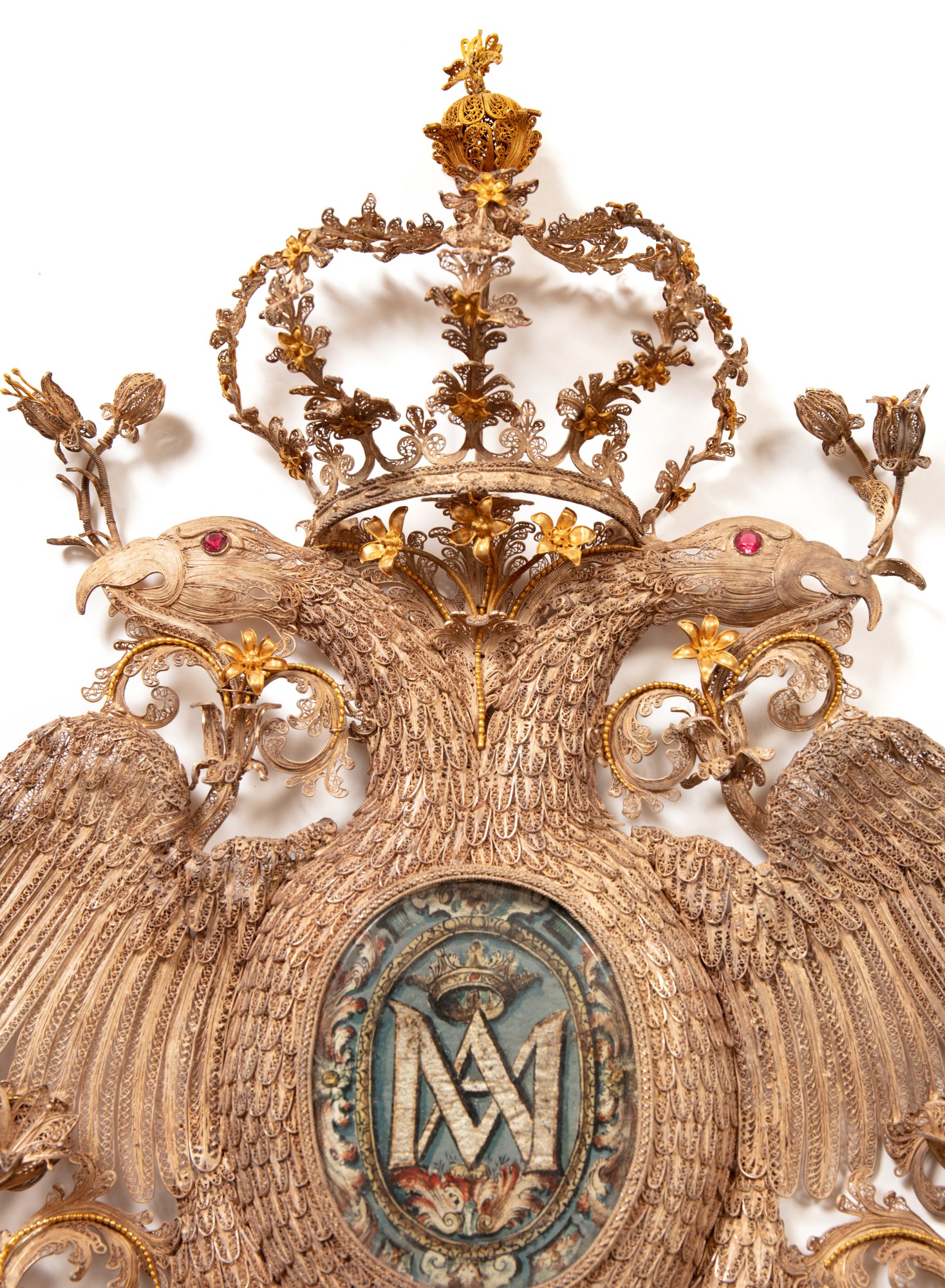 A large Spanish Colonial parcel-gilt silver reliquary insert with red ...