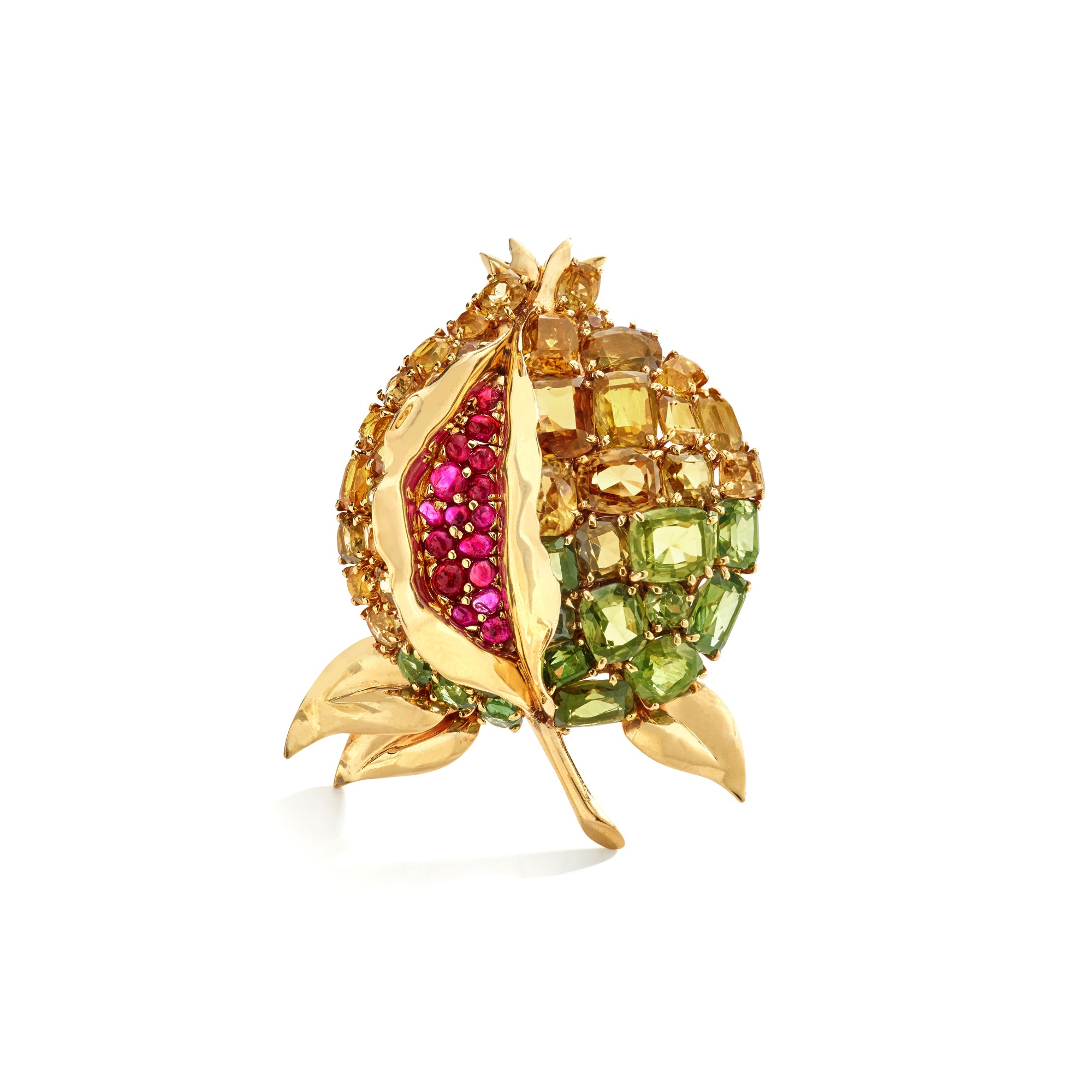 Verdura | Gold, Zircon and Ruby 'Pomegranate' Brooch 黃金鑲鋯石及紅寶石 ...