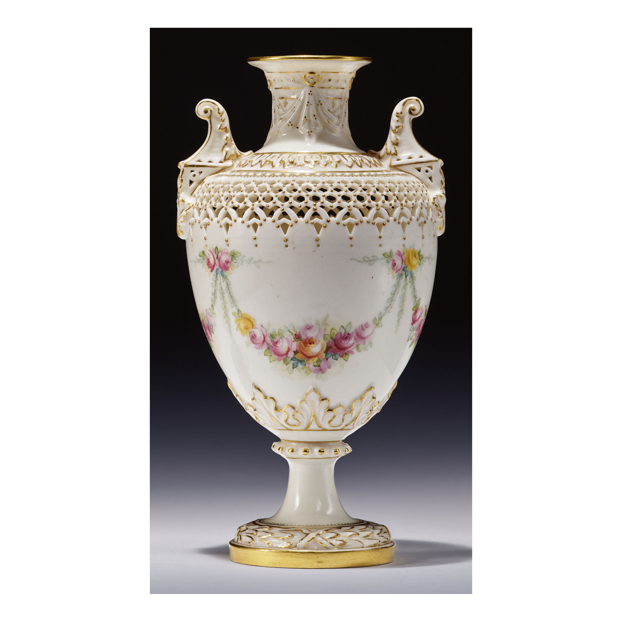 A ROYAL WORCESTER RETICULATED PORCELAIN VASE BY GEORGE OWEN, PAINTED BY ...