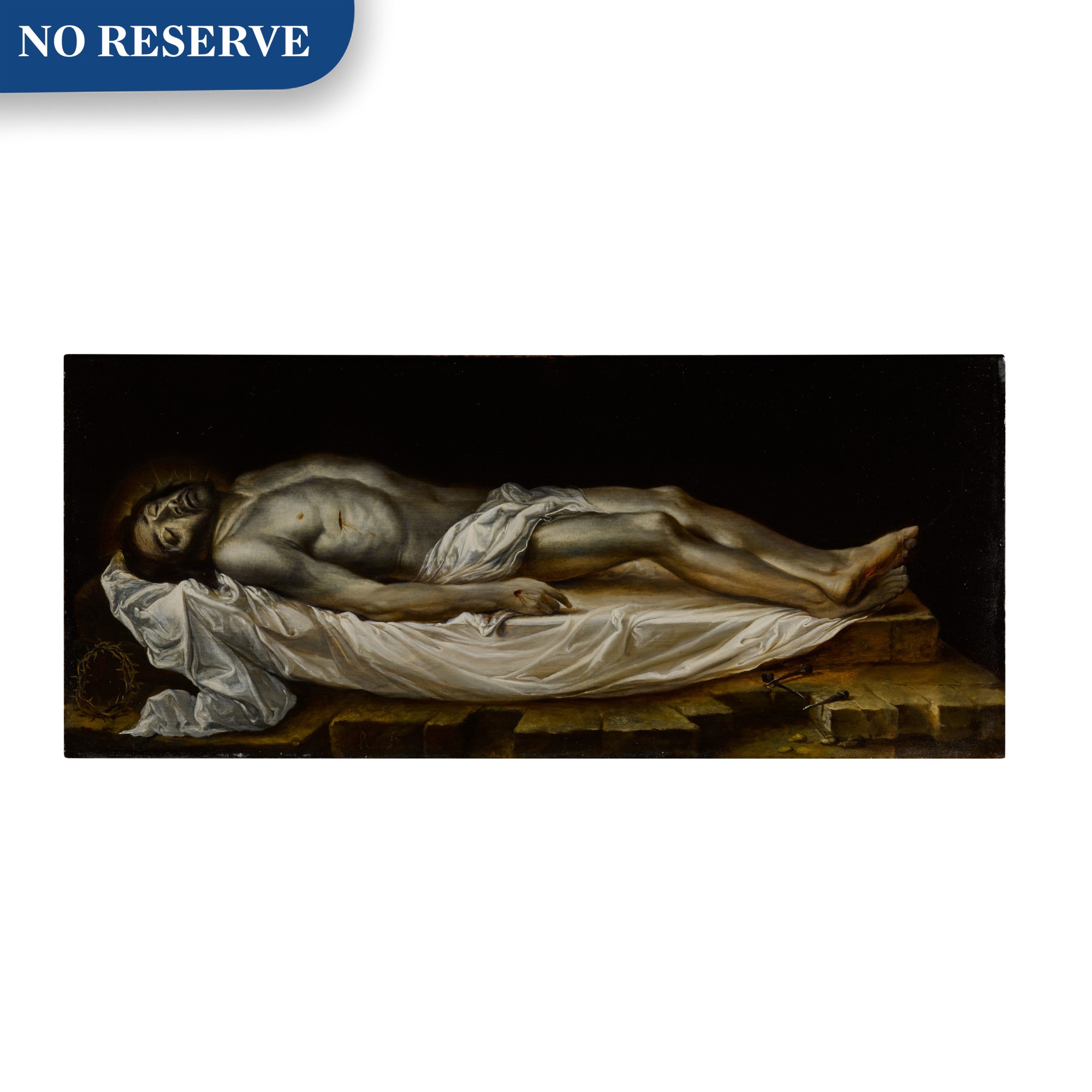 Dead Christ laid on a white cloth with the Crown of Thorns and nails ...