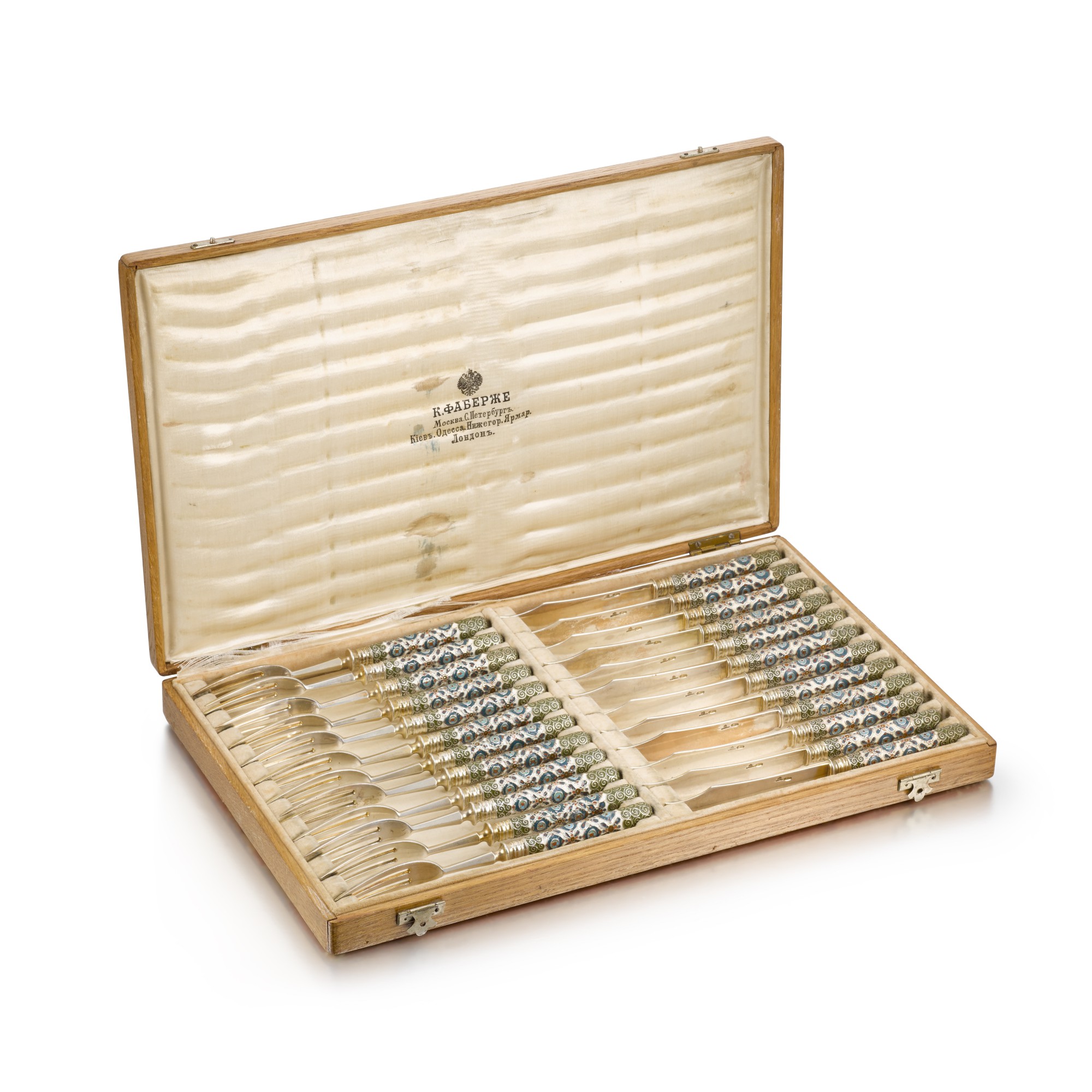 A Fabergé silver and cloisonné enamel flatware set in original case ...
