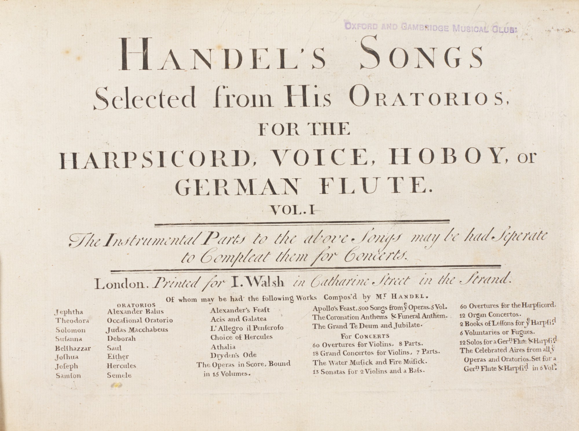 G.F. Handel. Handel's Songs Selected from His Oratorios, 3 vocal score ...