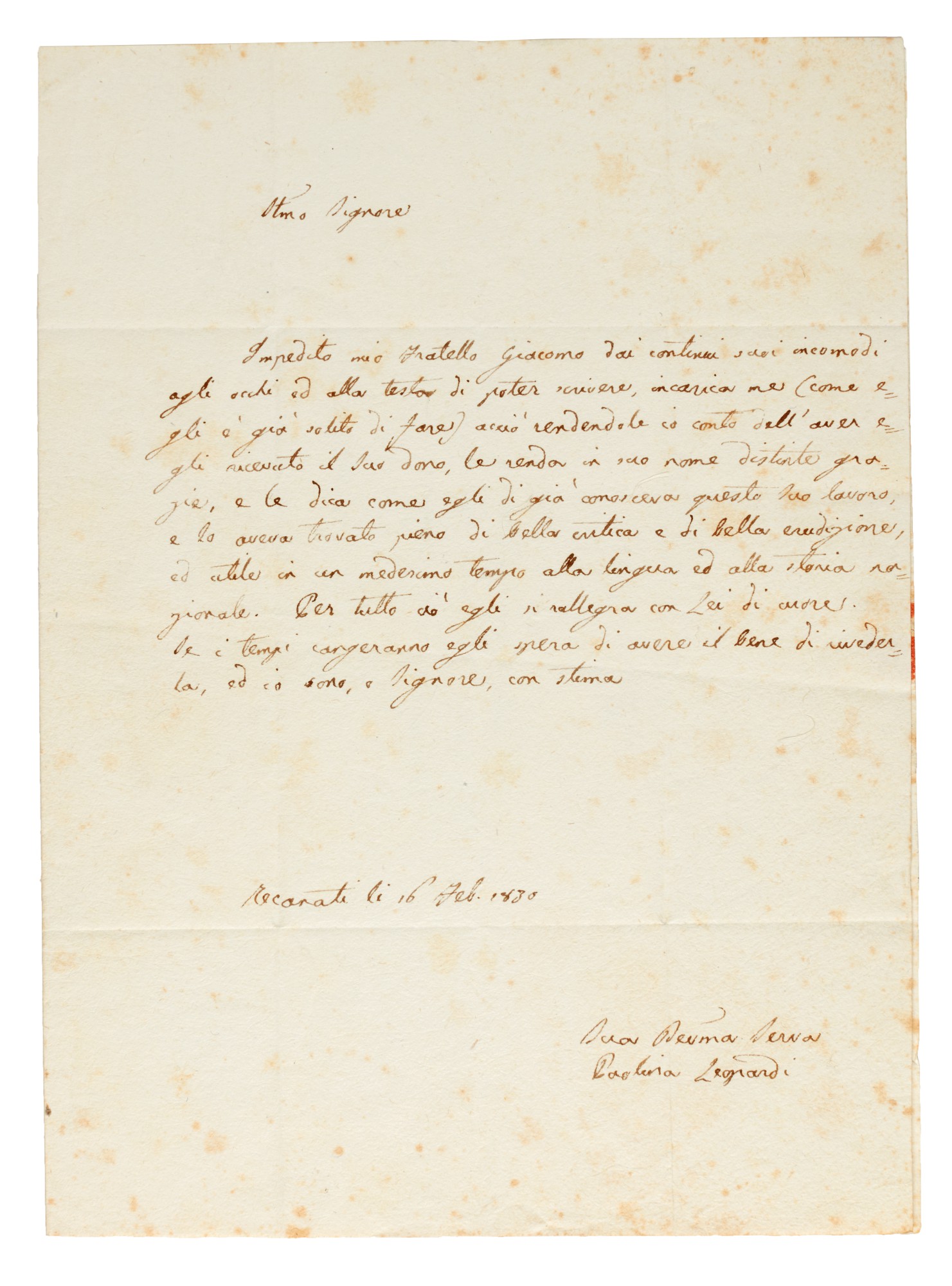 G. Leopardi. Unpublished letter, dictated to his sister Paolina, and ...