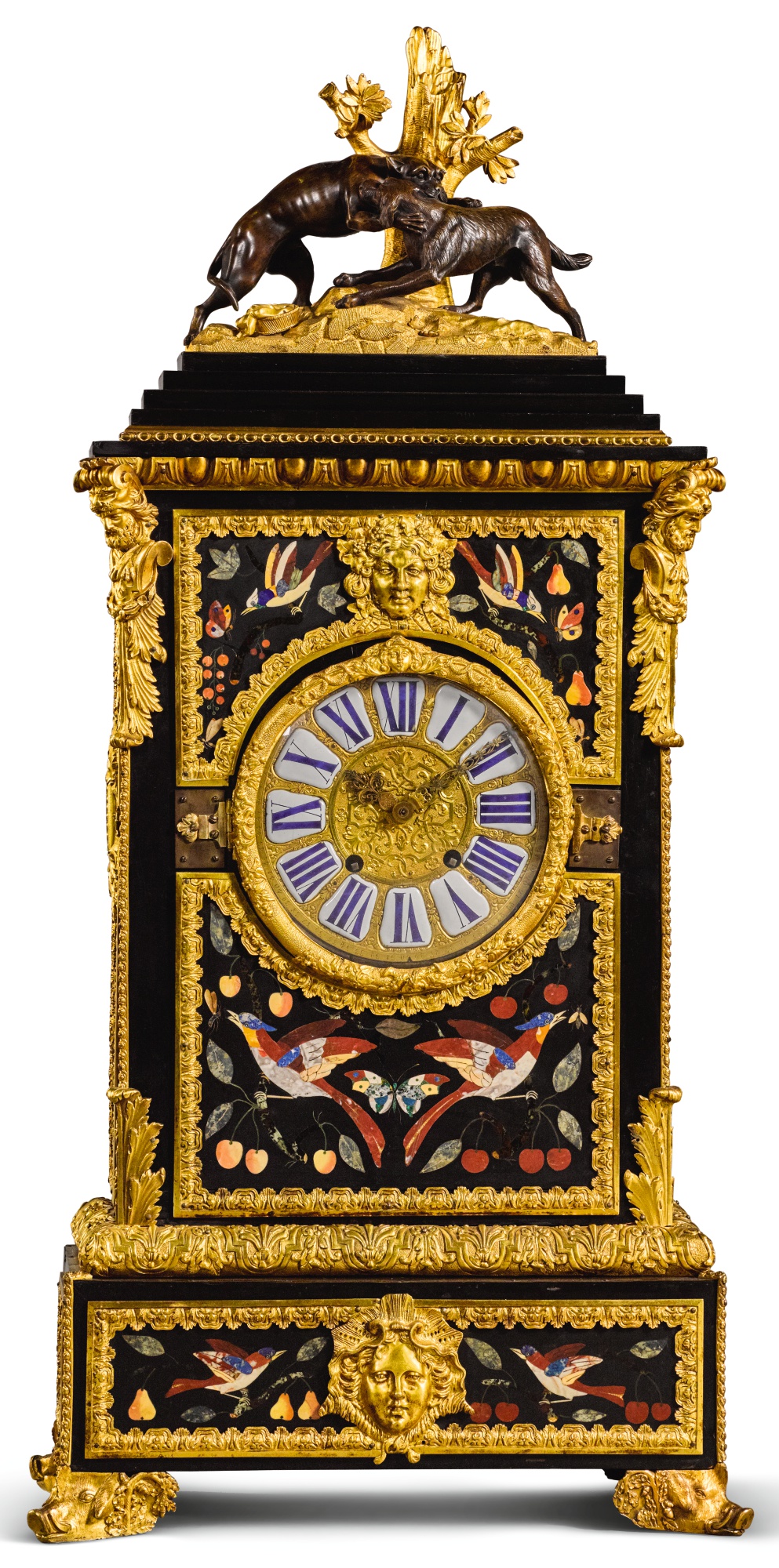 AN ITALIAN GILT-BRONZE MOUNTED EBONY TABLE CLOCK INSET WITH FLORENTINE ...
