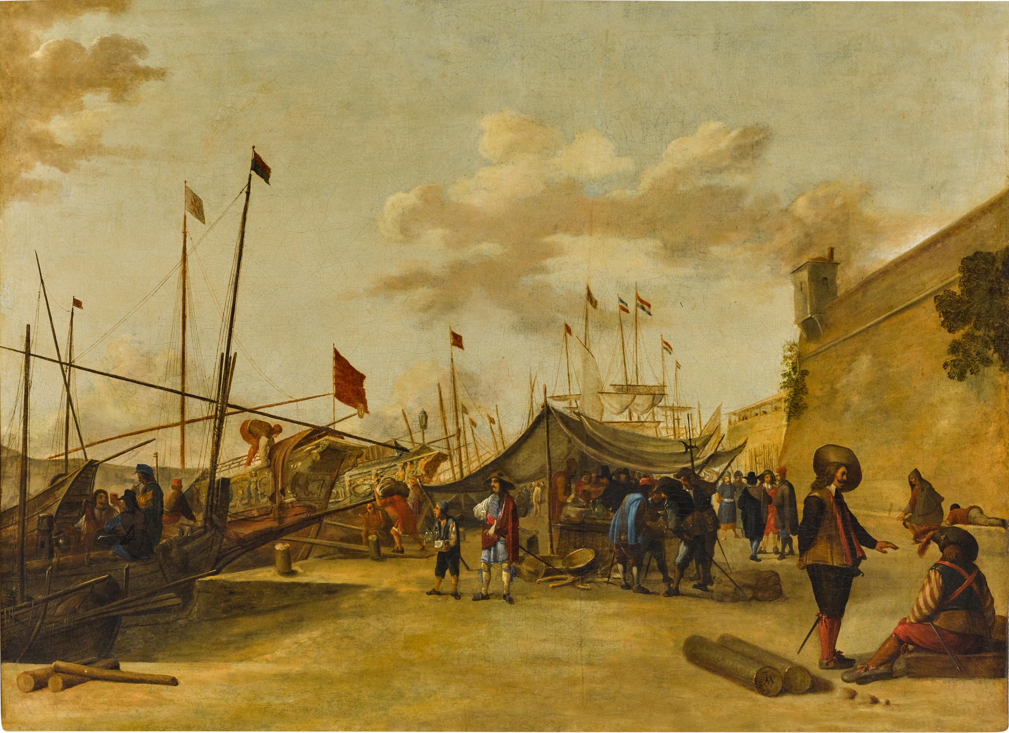A Mediterranean harbour scene with trading barges and Dutch shipping ...