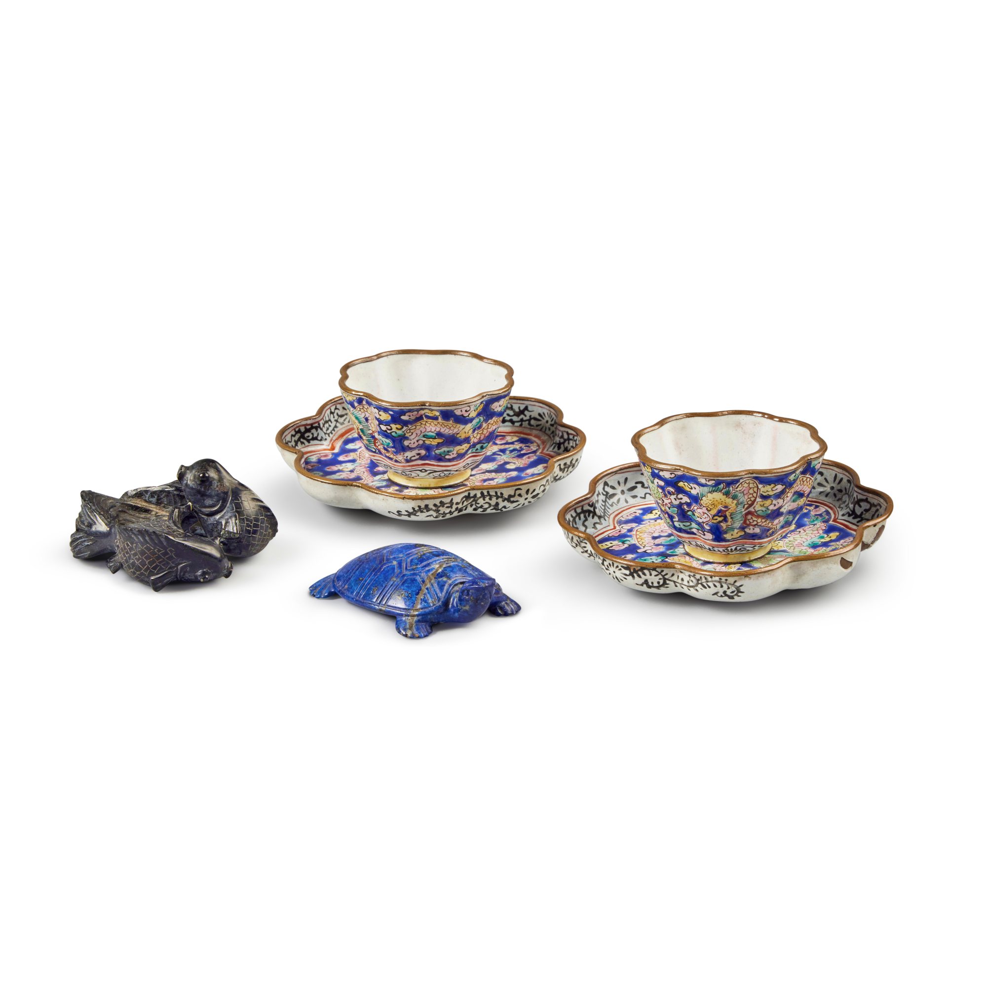 Four Canton enamel cups and saucers and two 'animal' carvings, Qing ...