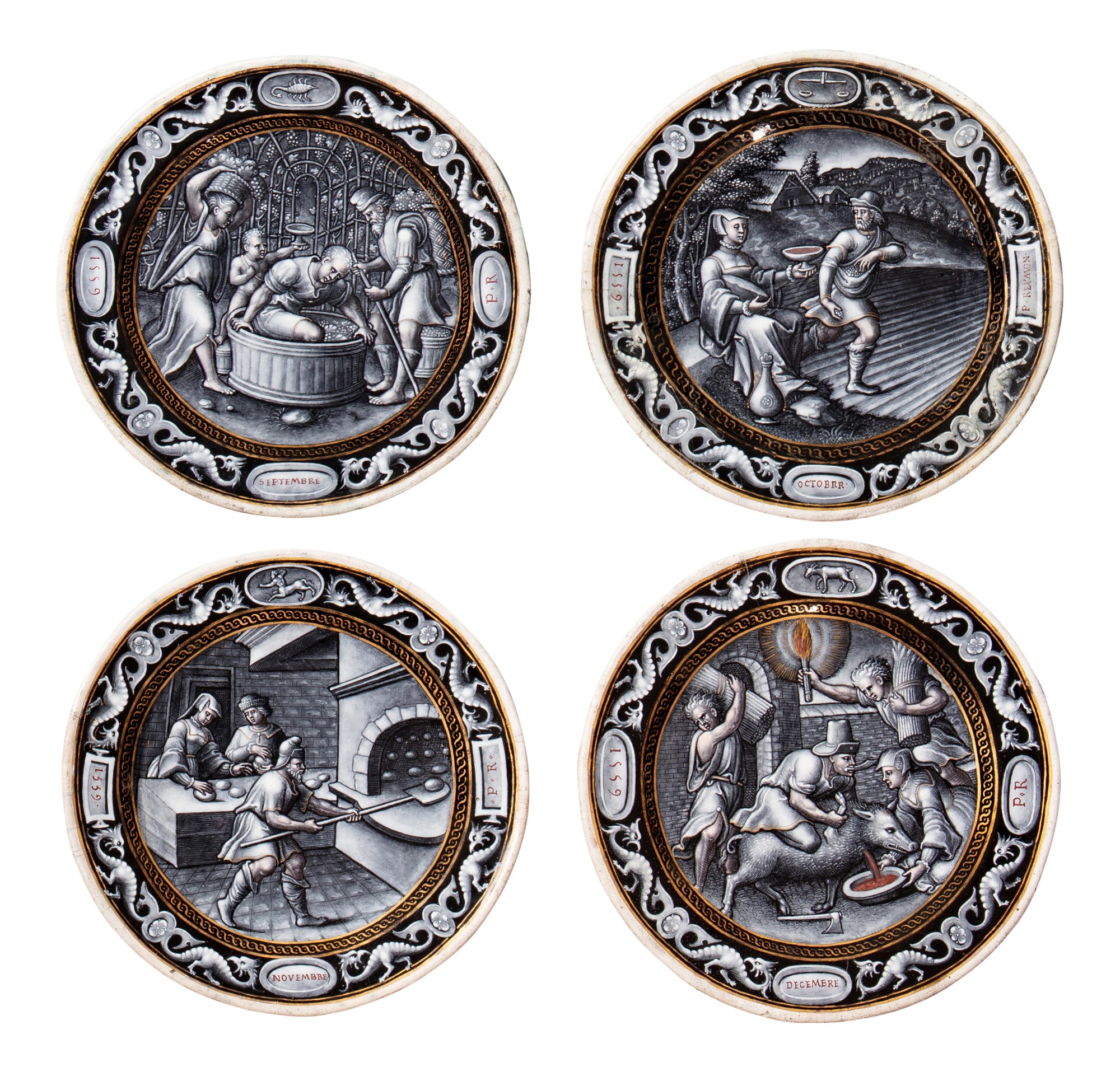 A set of twelve Limoges grisaille painted enamel plates depicting the ...