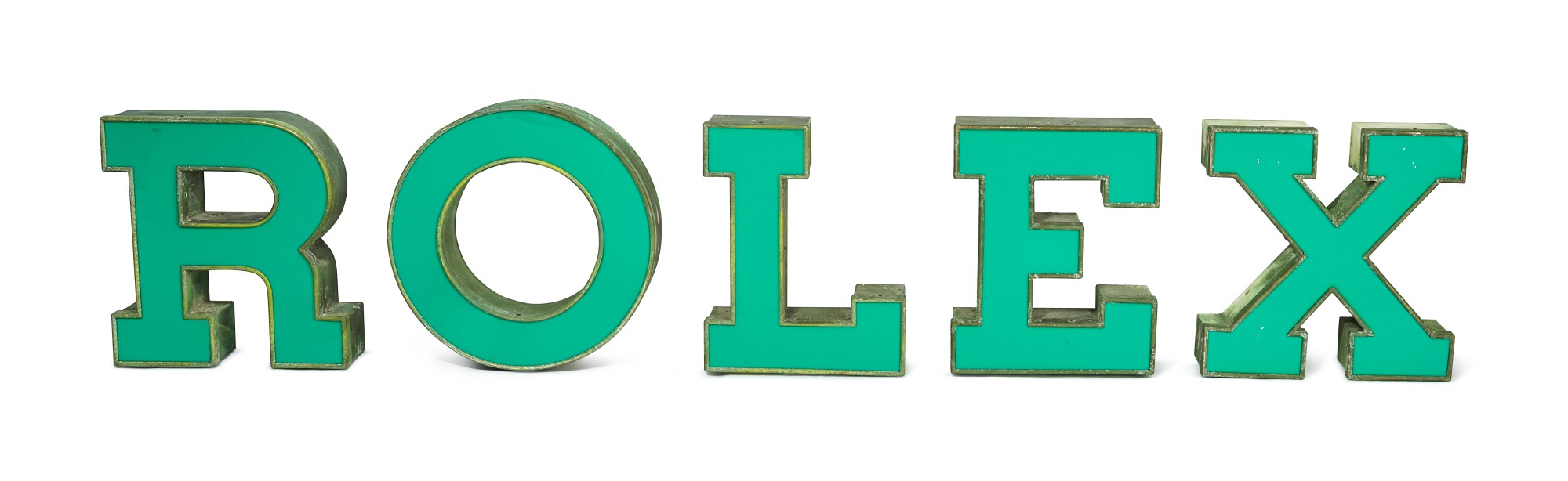 ROLEX | A GILT BRASS, METAL AND GREEN PLASTIC LARGE OUTDOOR ADVERTISING ...