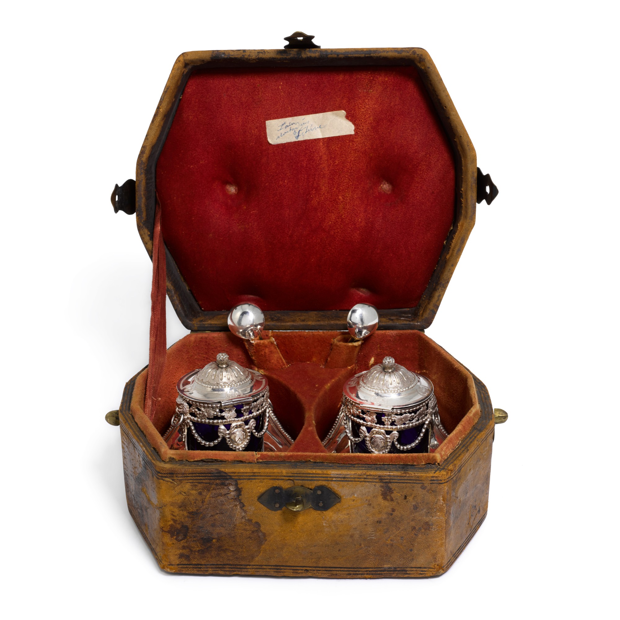 A pair of French silver mustard pots, stands and spoons in fitted case ...