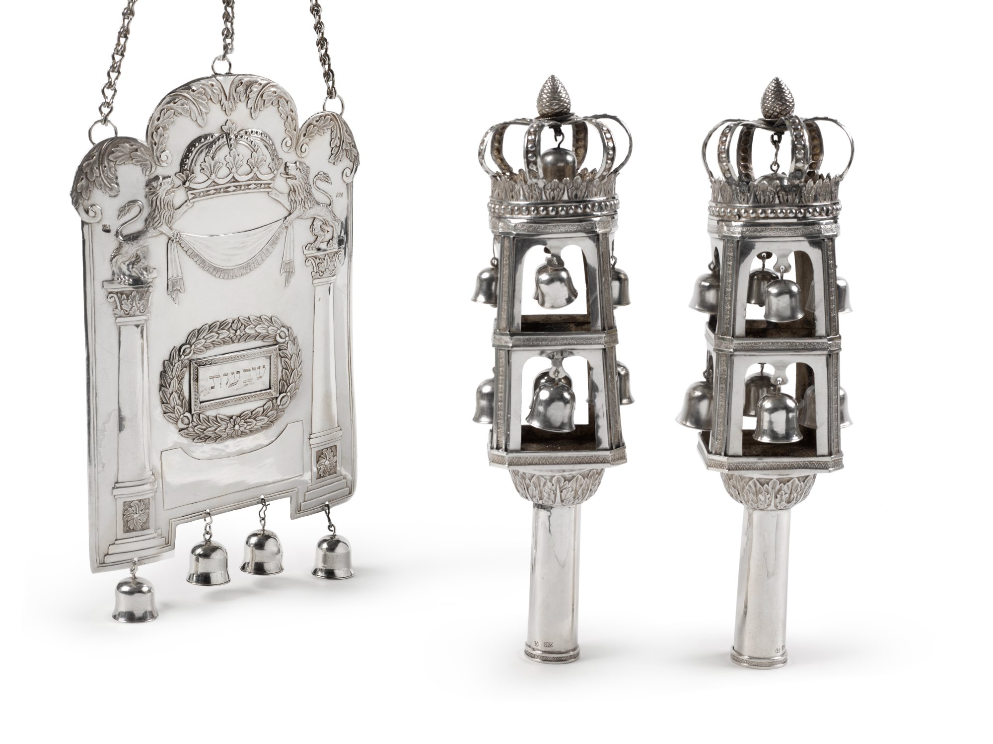 A German Silver Set of a Pair of Torah Finials and Torah Shield, Maker ...