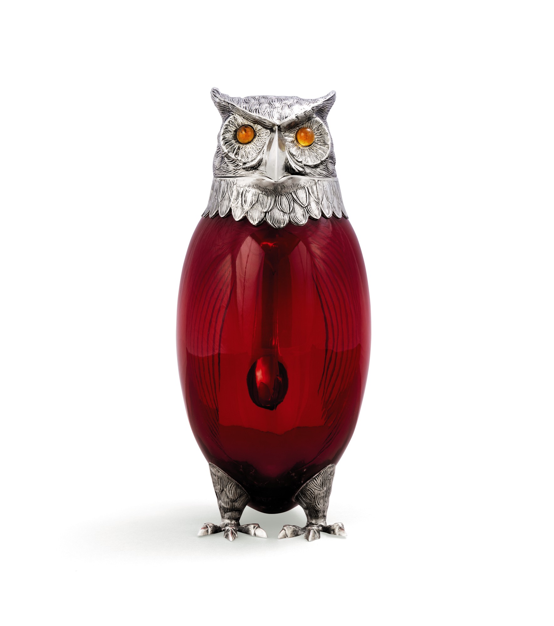 A red glass owl decanter with silver head, neck, and feet, Cartier ...