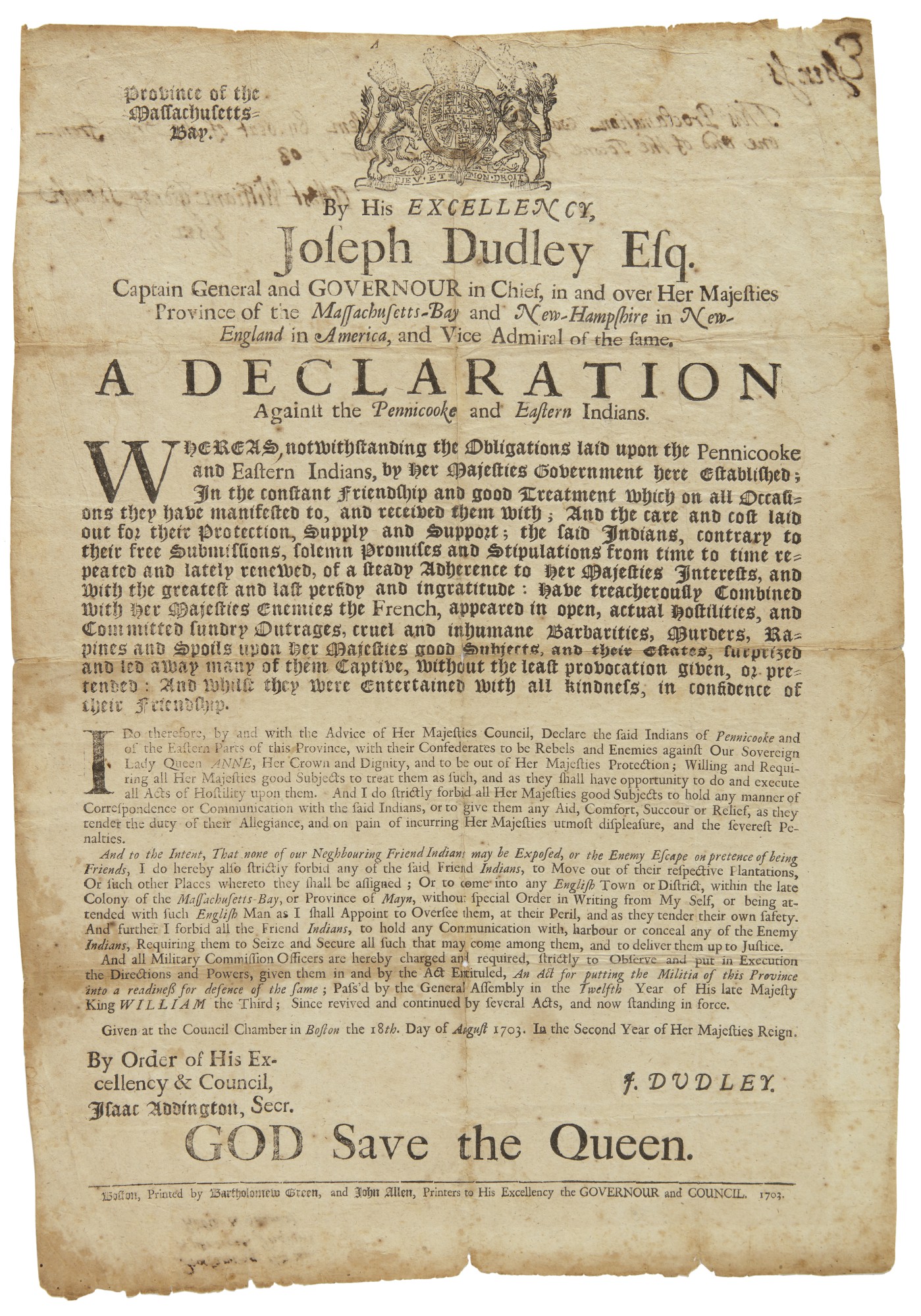 [Broadside]. Dudley, Joseph. Province of Massachusetts-Bay. 1703 | Fine ...