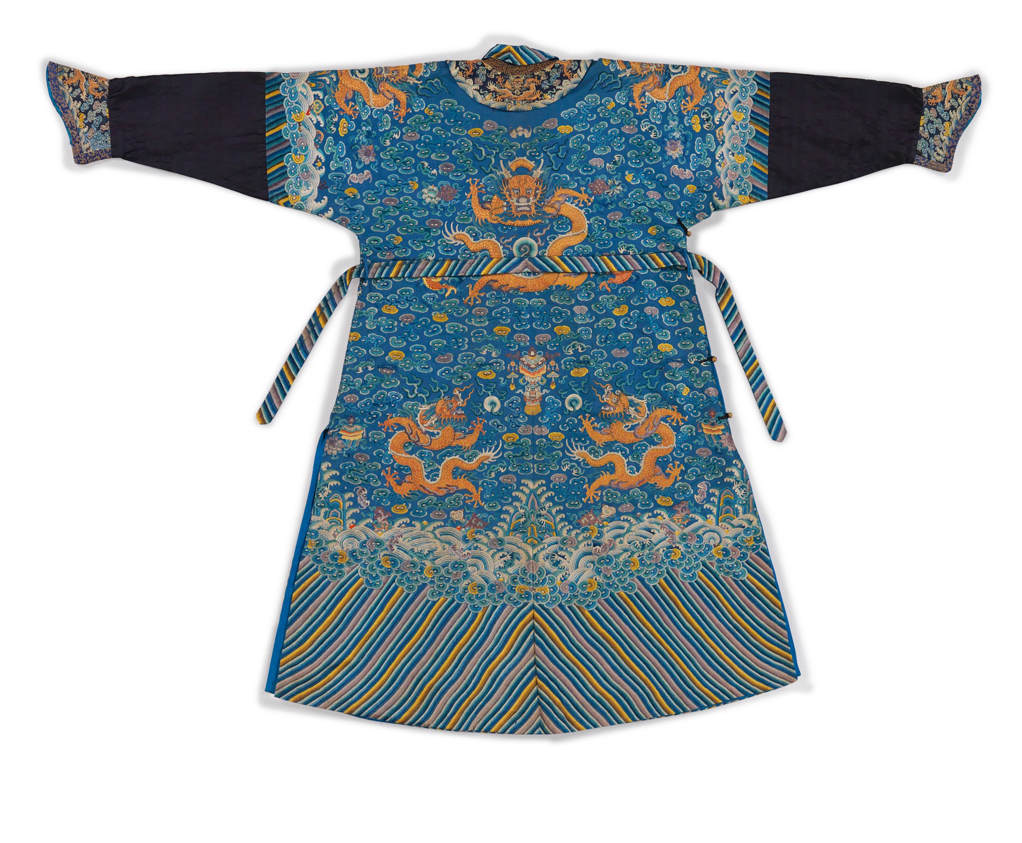 Two blue-ground silk embroidered 'dragon' robes, Late Qing dynasty ...