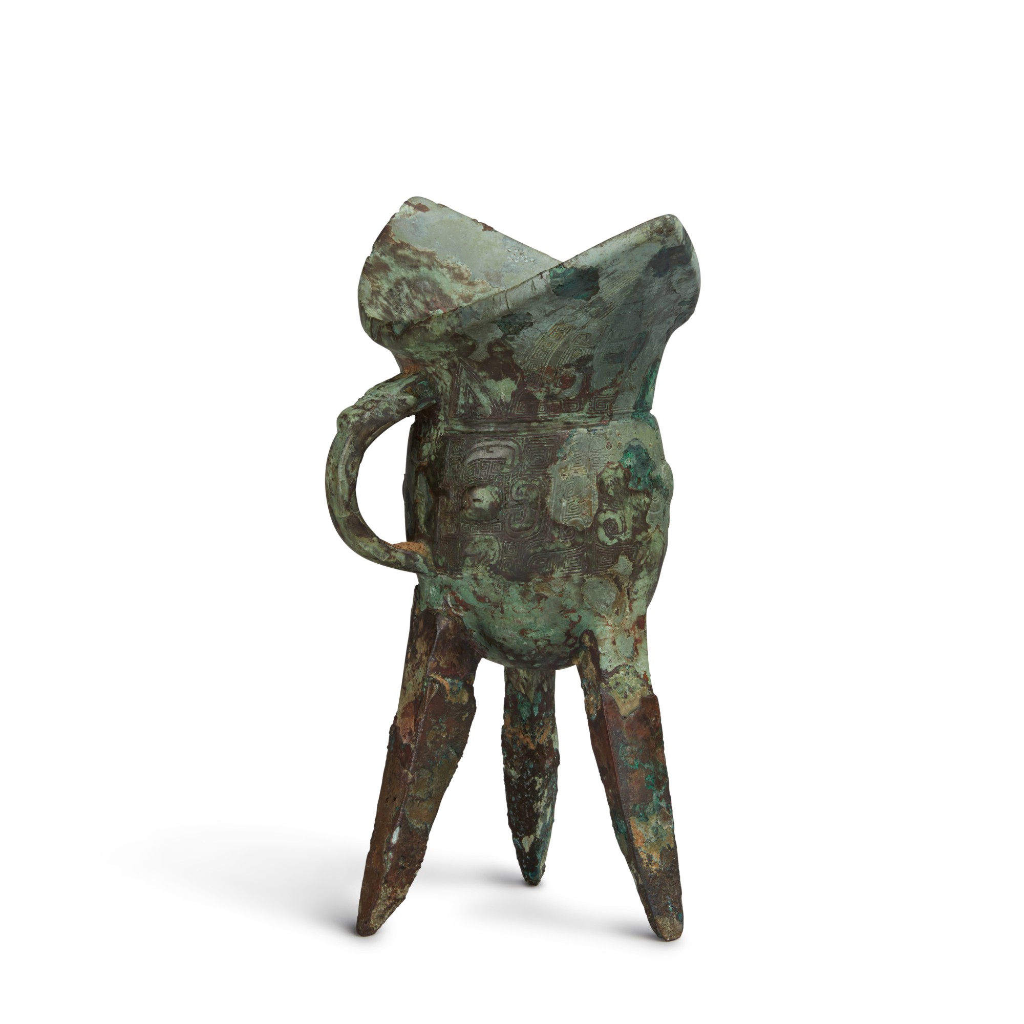 A rare archaic bronze ritual wine vessel (Jiao), Late Shang dynasty ...