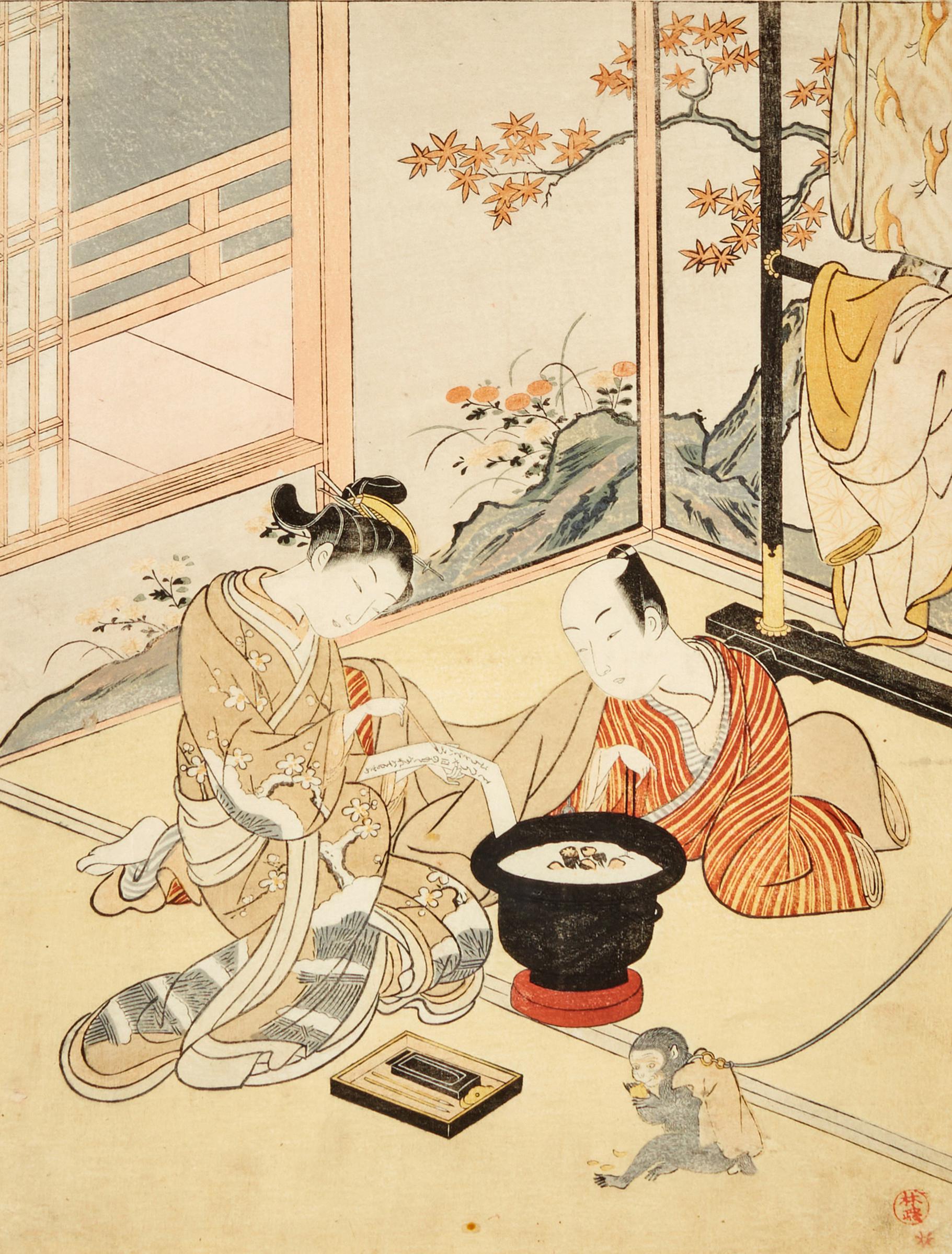 Suzuki Harunobu (1725-1770) | A courtesan and her client beside a ...