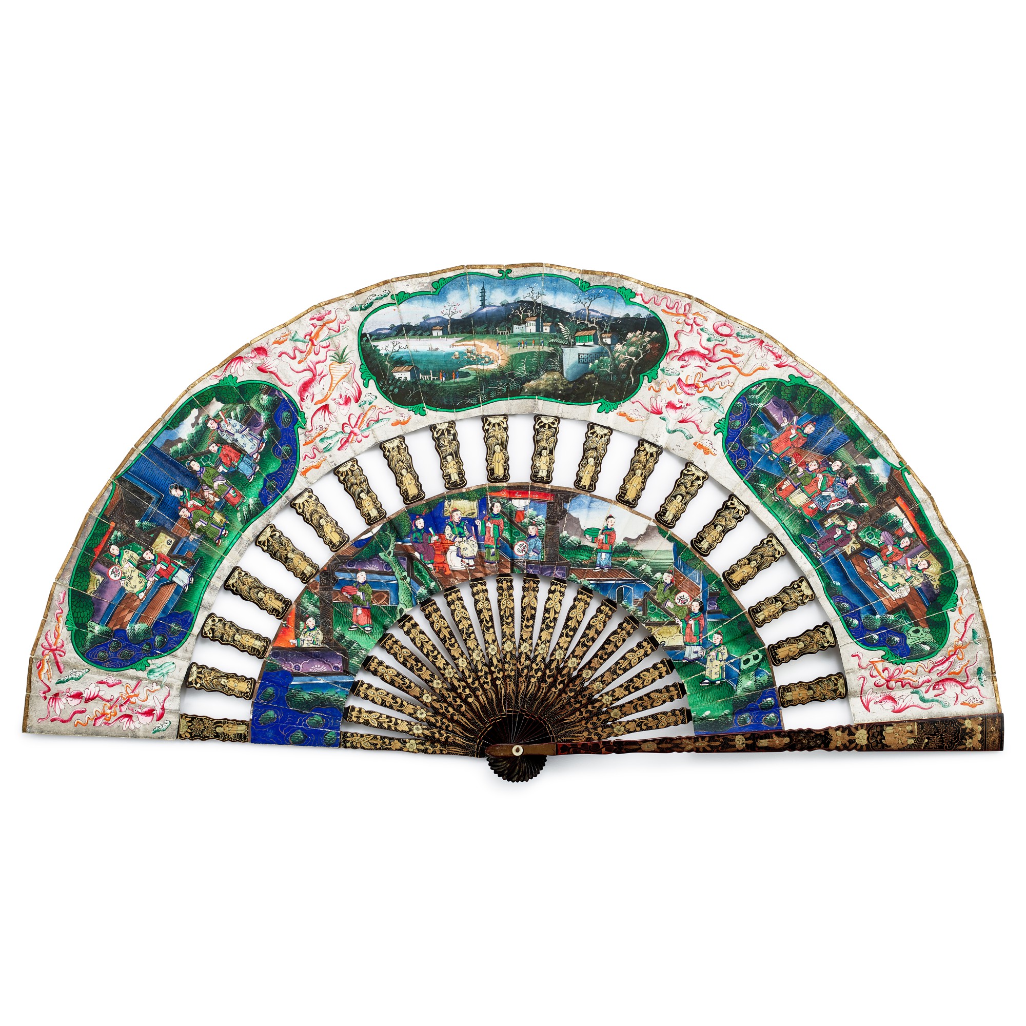 Two gilt-lacquered and painted 'landscape' fans, circa 1840 約1840年 黑漆描金 ...