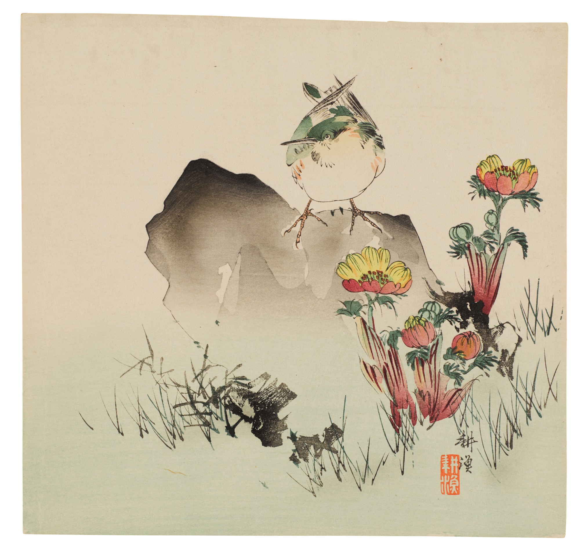 Tsukioka Kogyo (1869-1927) Three kacho-ga woodblock prints, Meiji ...