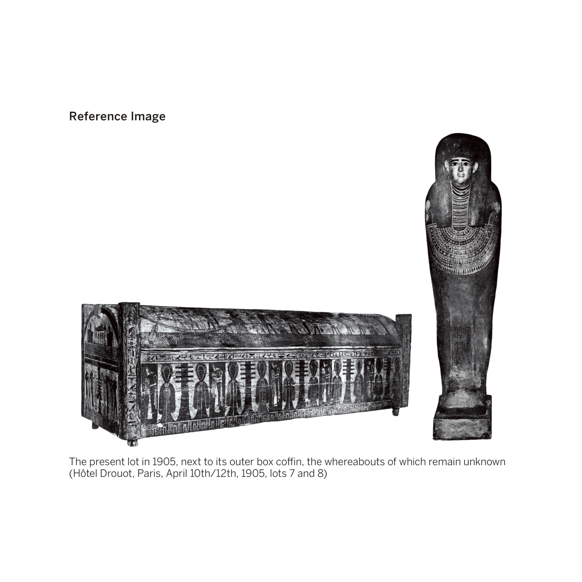 AN EGYPTIAN POLYCHROME AND GILT ANTHROPOID INNER COFFIN OF THE SISTRUM ...