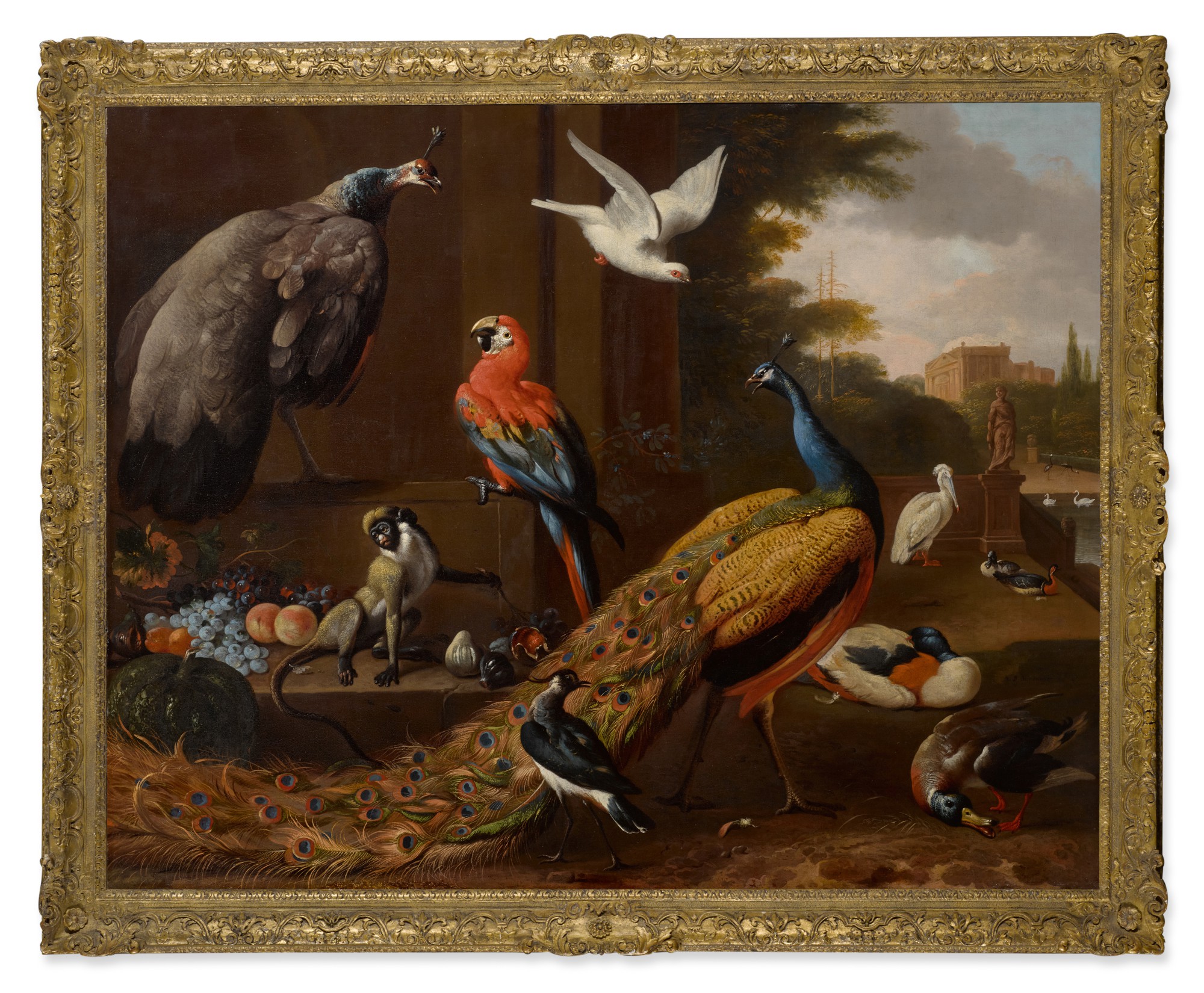 A peacock, a peahen, a monkey and other birds on a terrace | Master ...