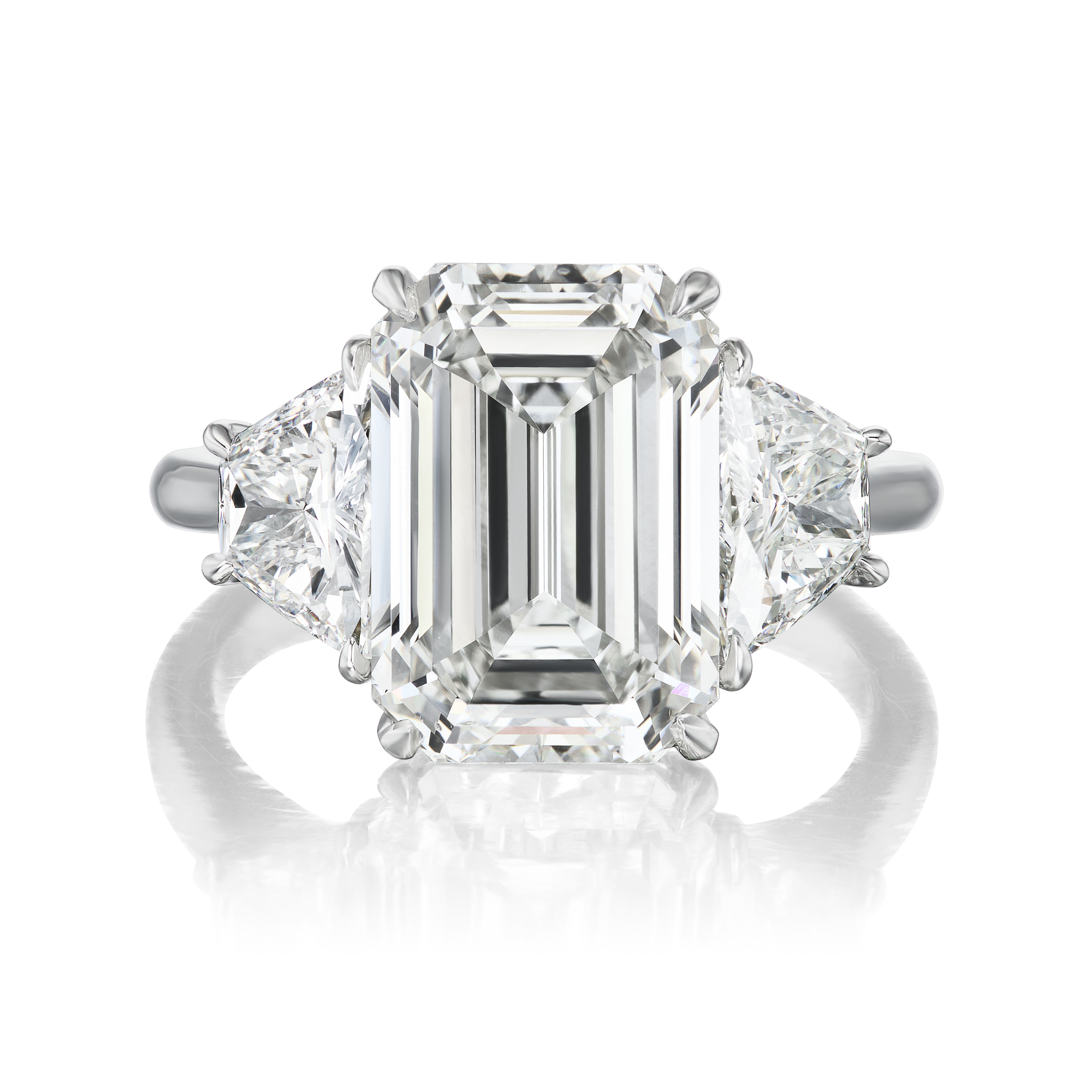Platinum, 5.82ct Emerald Cut Diamond And Diamond Three Stone Ring ...
