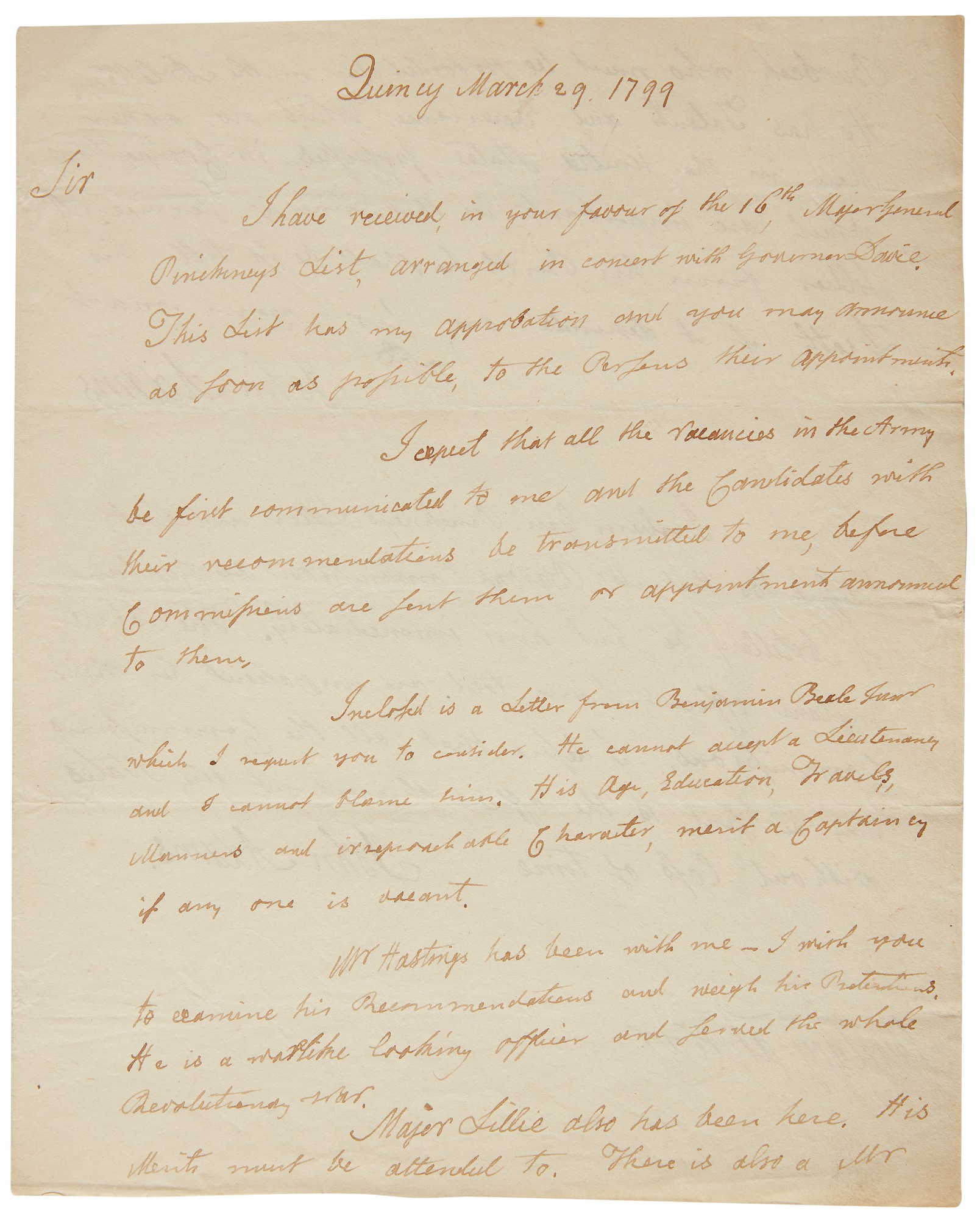 Adams, John. A letter in which Adams discusses strengthening the Army ...
