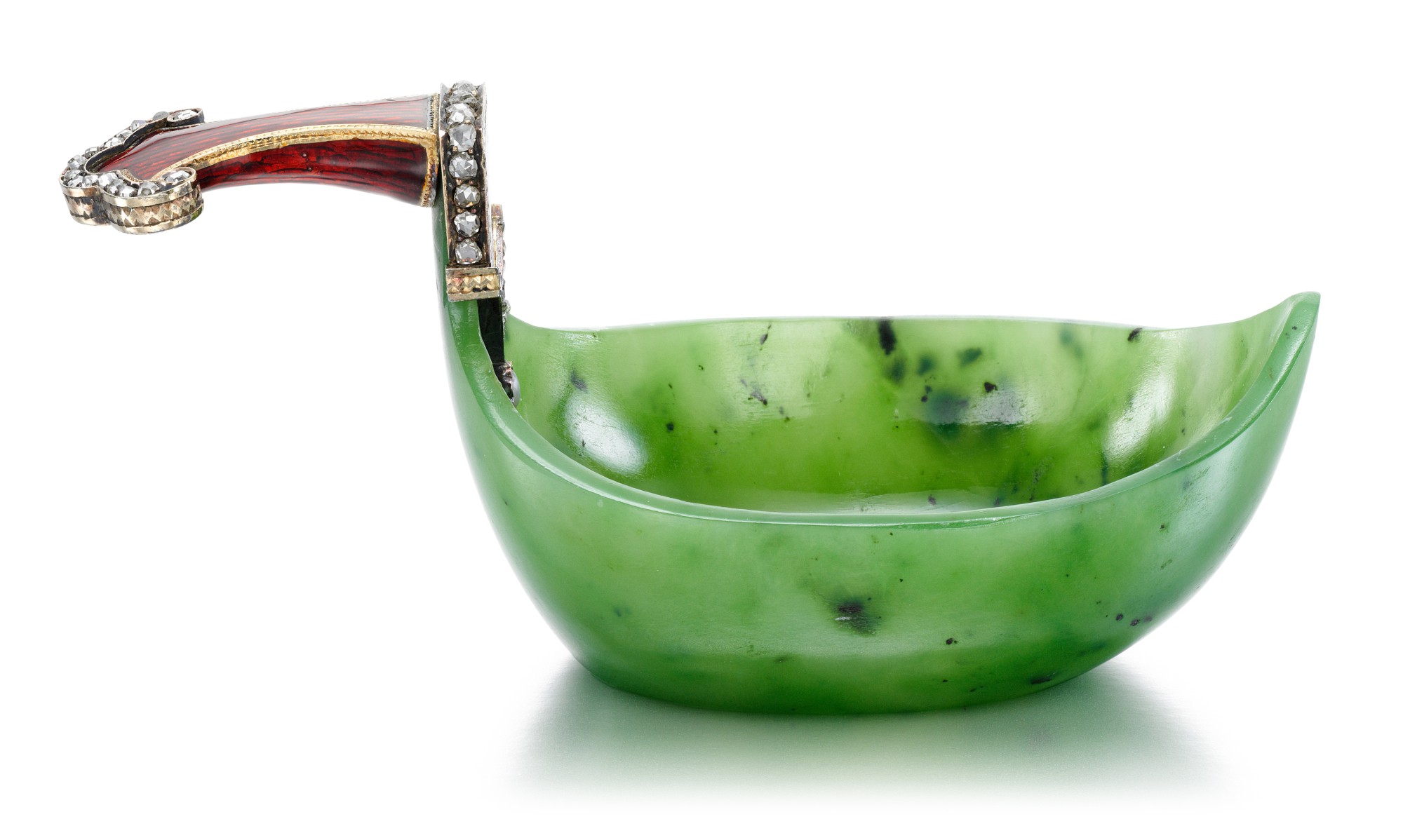 An important Fabergé miniature jewelled, nephrite and guilloché enamel ...