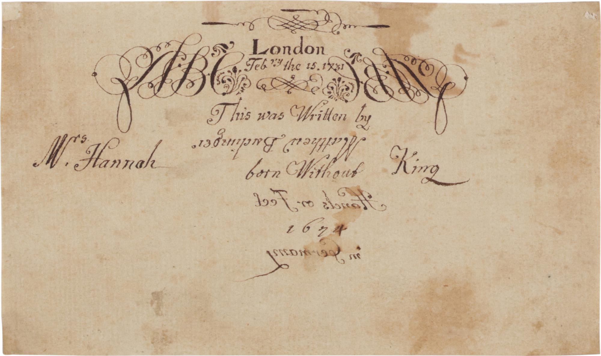 Buchinger, Matthias | Written by Buchinger for Mrs. Hannah King | The ...