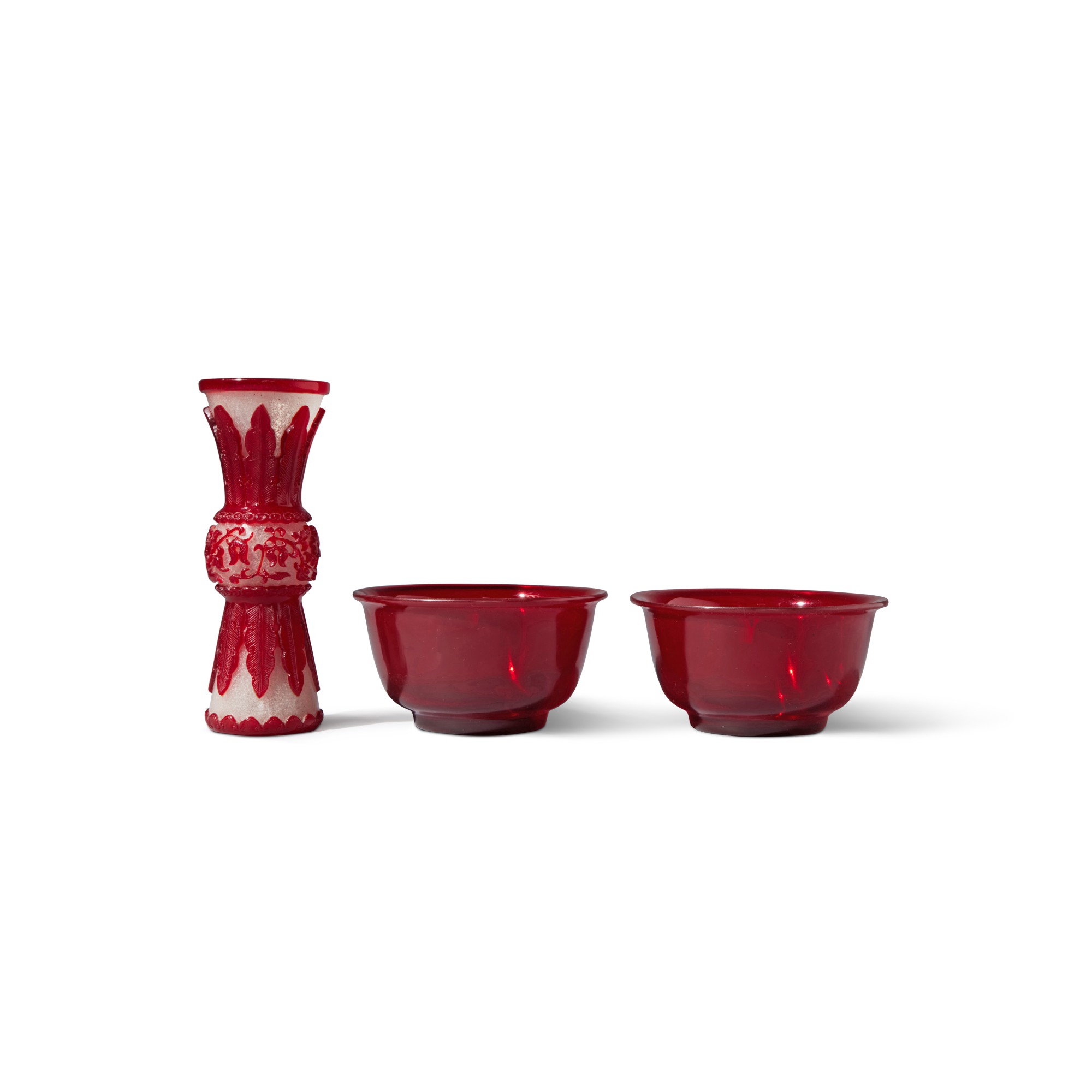 Three red glass vessels, Qing dynasty, 19th century | 清十九世紀 紅料盌一對及套紅料花觚 ...