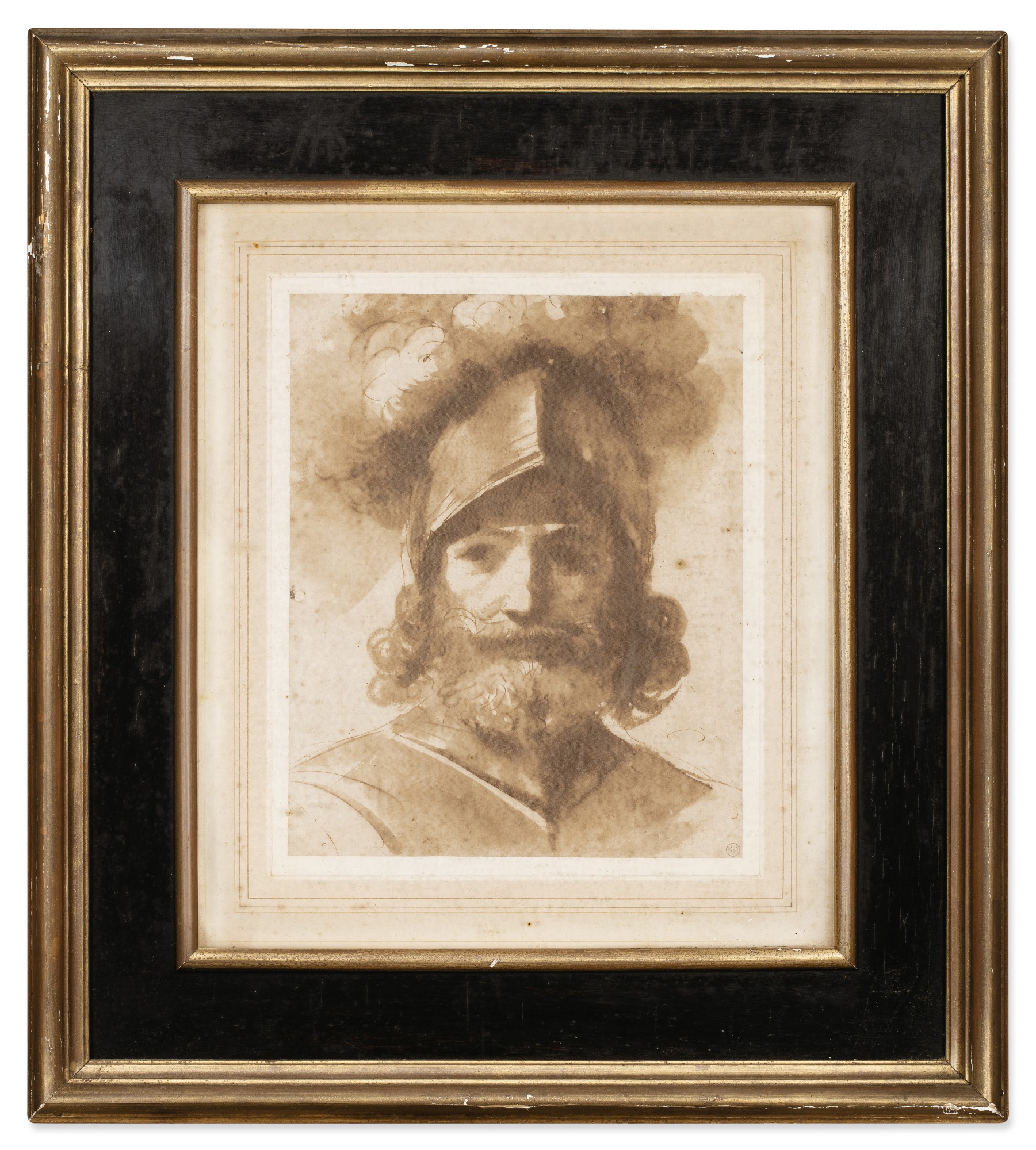 A study of a bearded man wearing armour and a plumed helmet, possibly ...