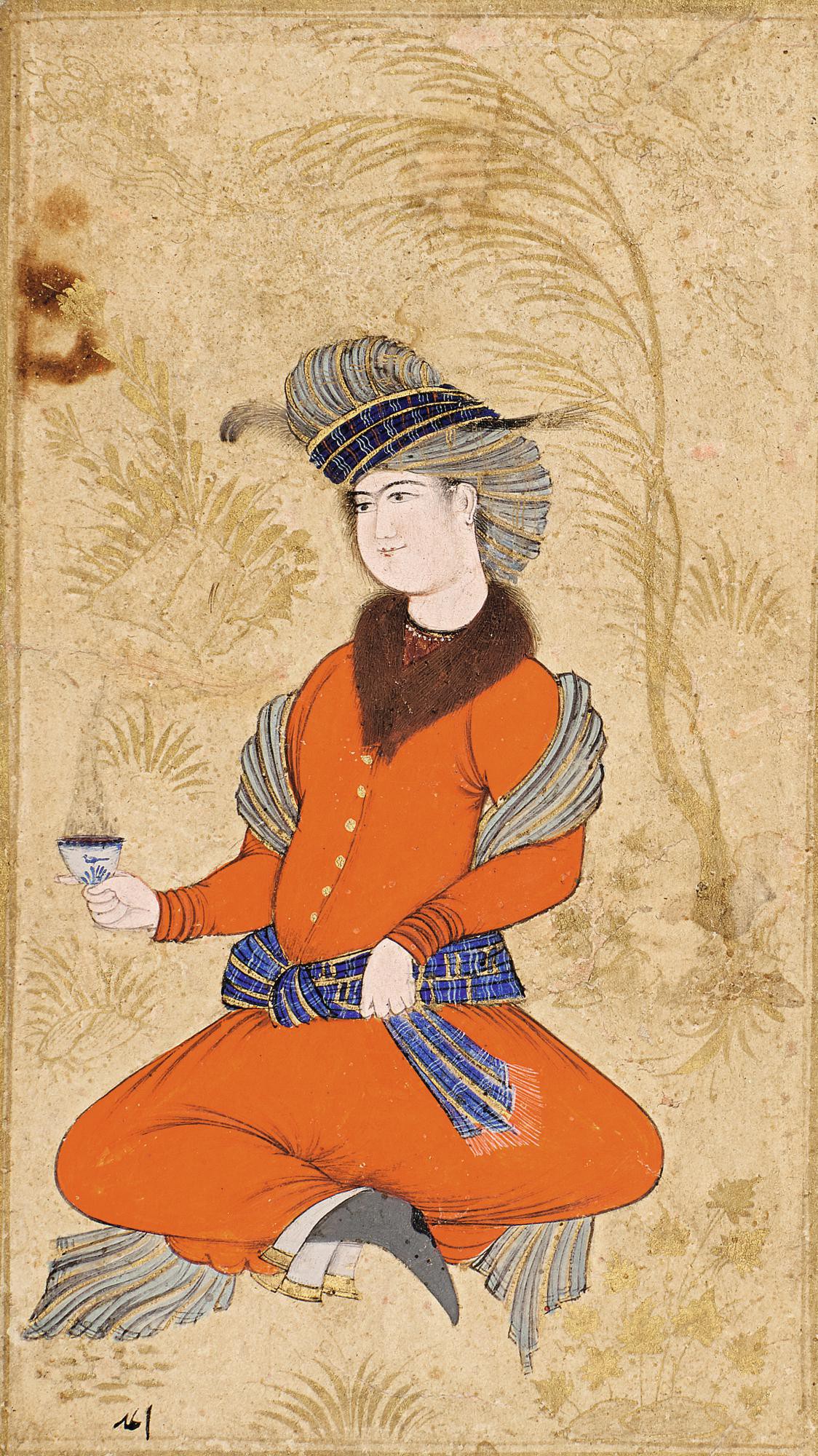 A SEATED YOUTH HOLDING A CUP OF COFFEE, PERSIA, SAFAVID, MID-17TH ...