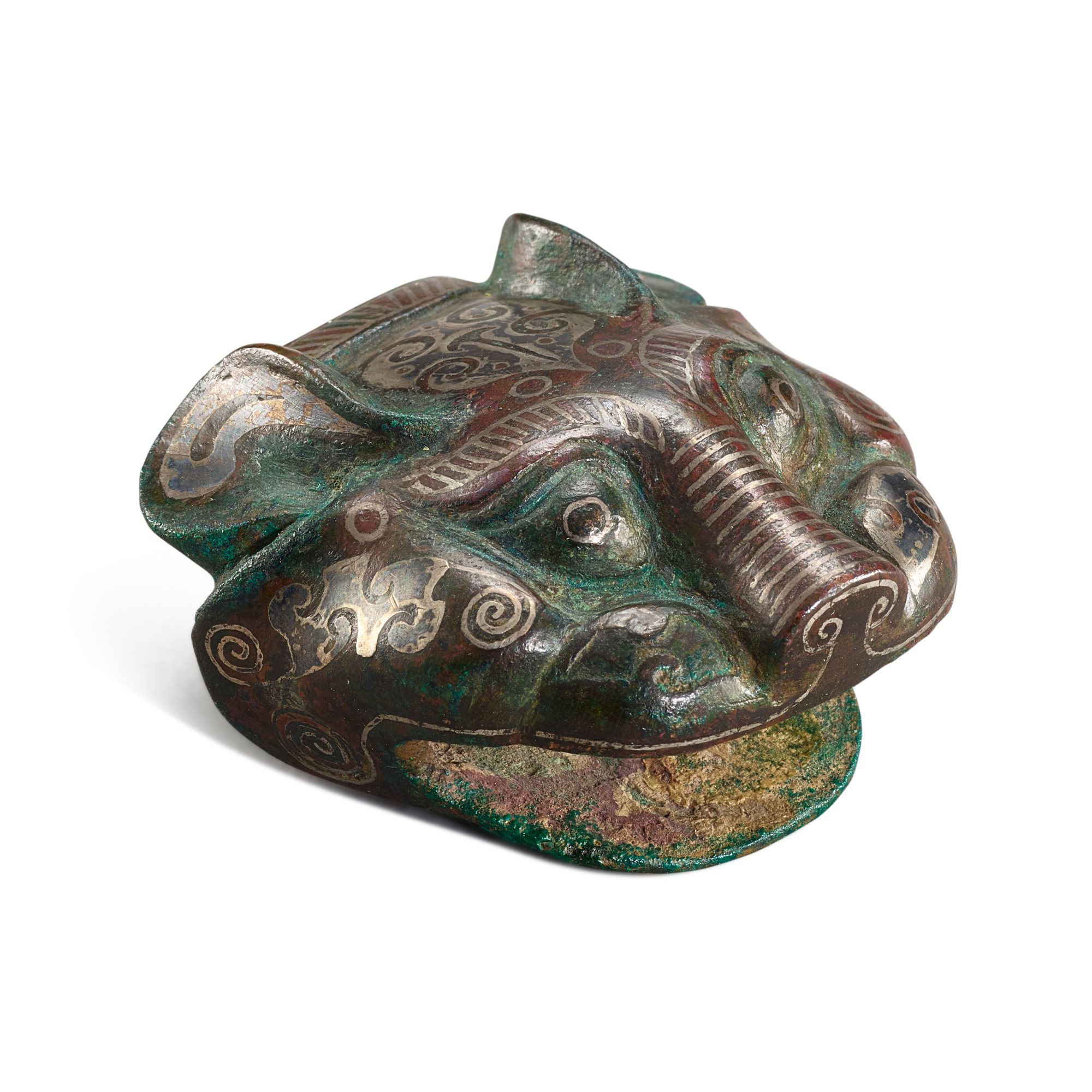 A silver-inlaid bronze 'tiger head' ornament, Eastern Zhou dynasty ...