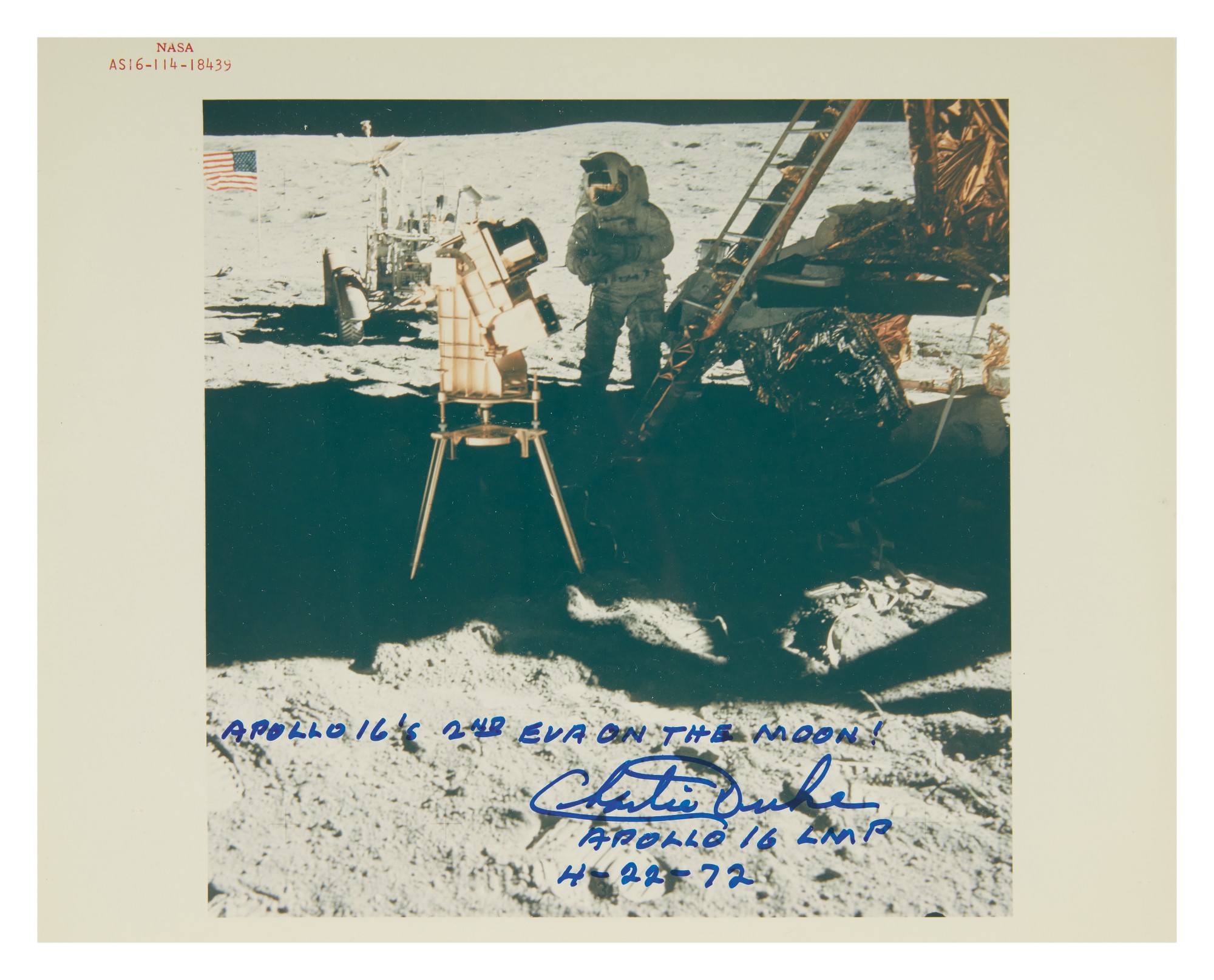 [APOLLO 16] PARKING THE LUNAR ROVER, INSCRIBED BY CHARLIE DUKE. VINTAGE ...