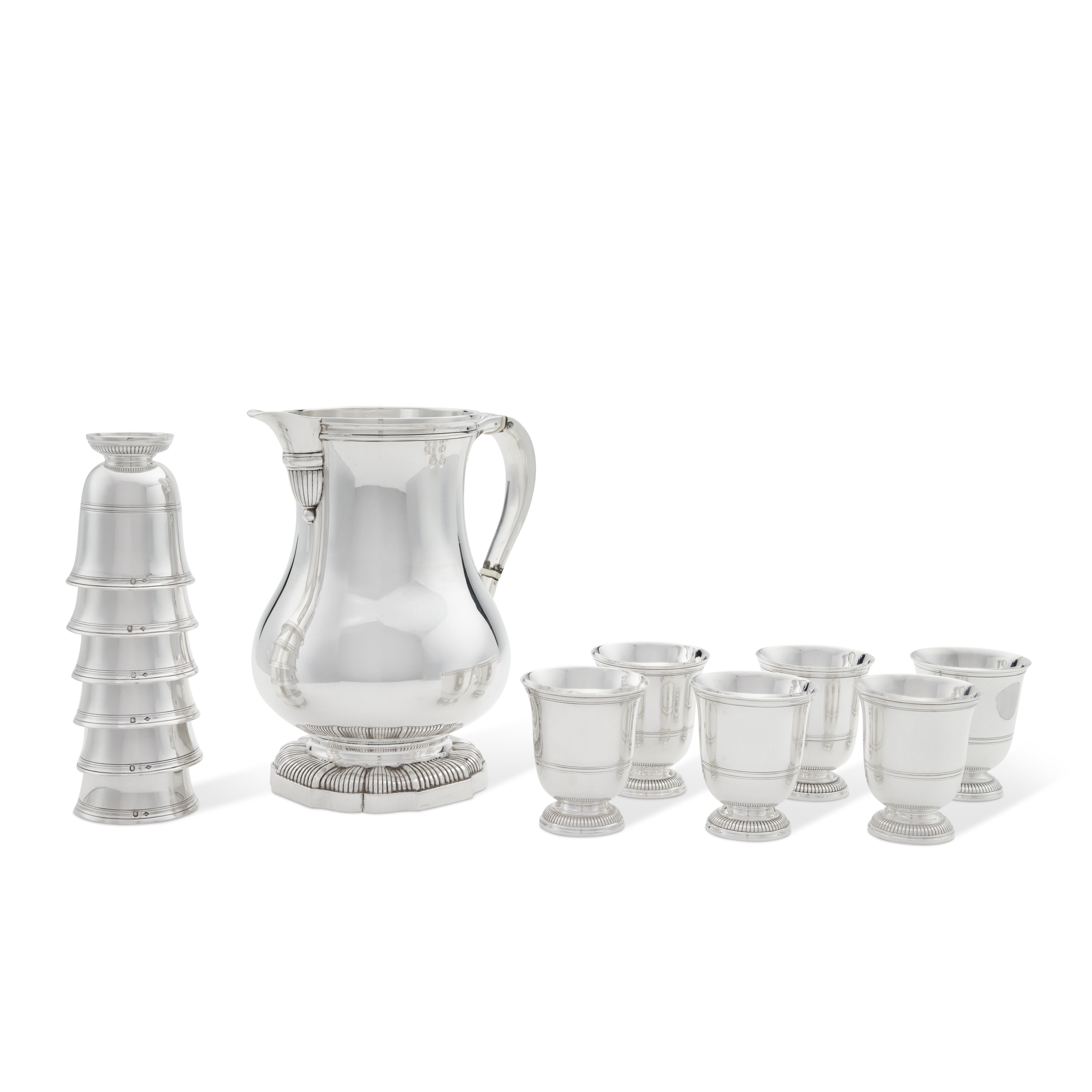 A French Silver Pitcher with Twelve Matching Cups, Puiforcat, Paris ...