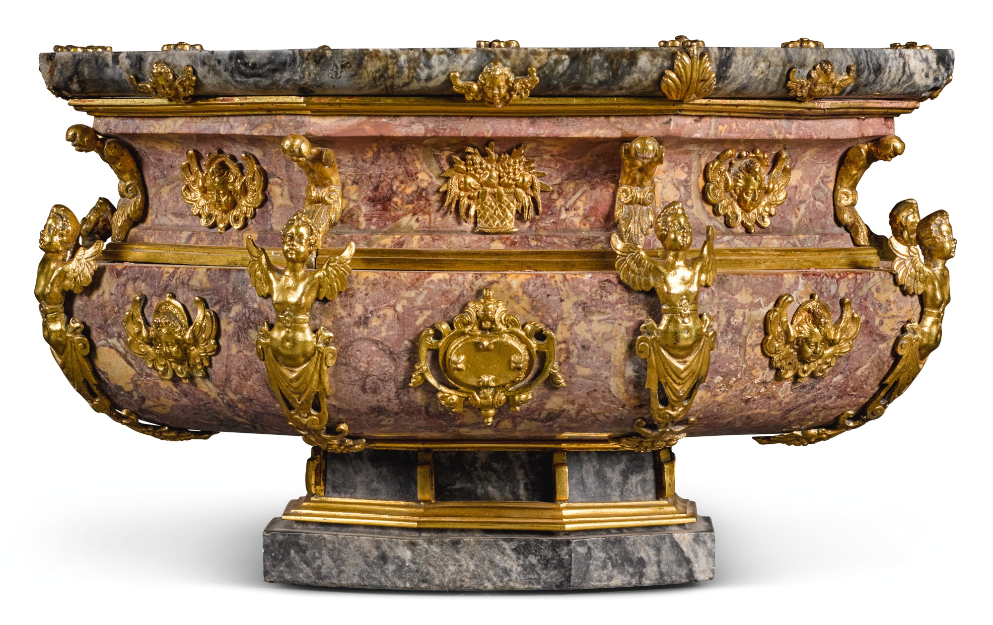 A SPANISH BAROQUE GILT-BRONZE MOUNTED GREY MARBLE AND BROCATELLO BASE ...