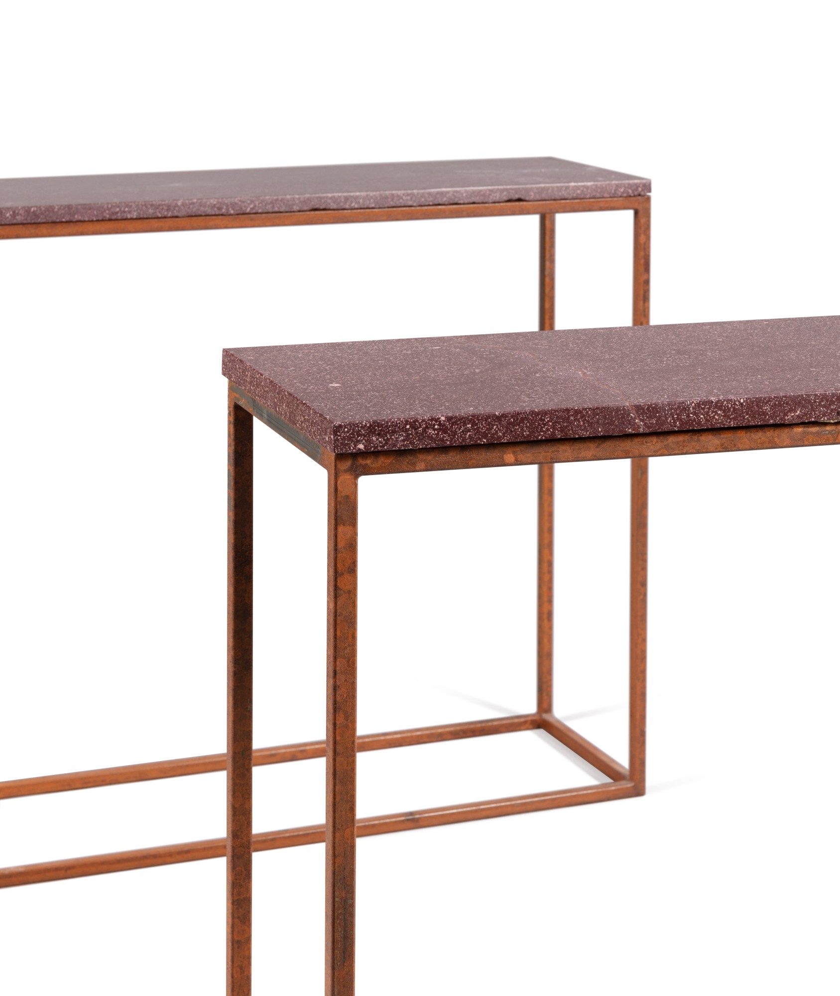 A pair of porphyry slabs, mounted as side tables | Paire de consoles ...