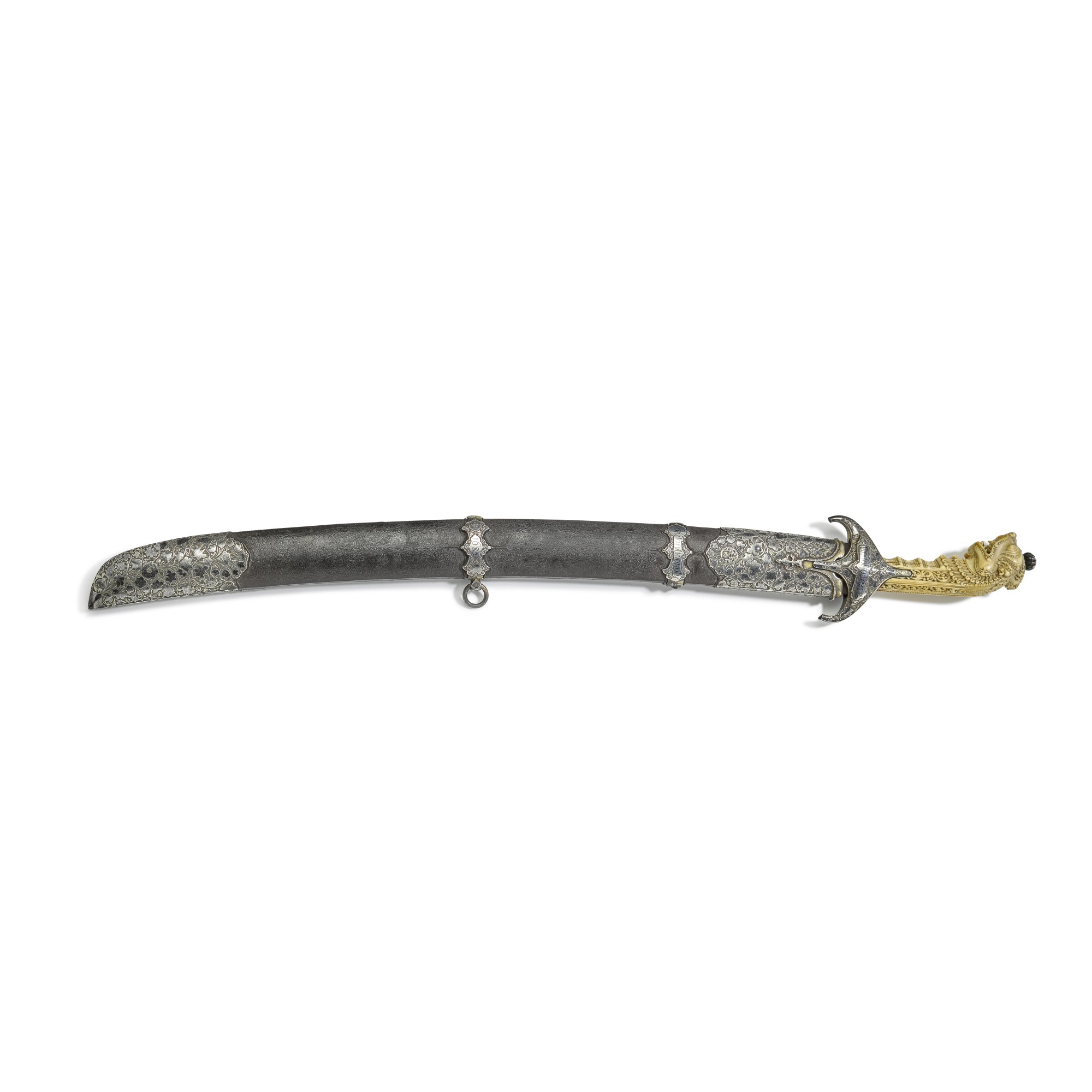 An Ottoman sword (kilij) and scabbard, set with carved ivory yali-head ...