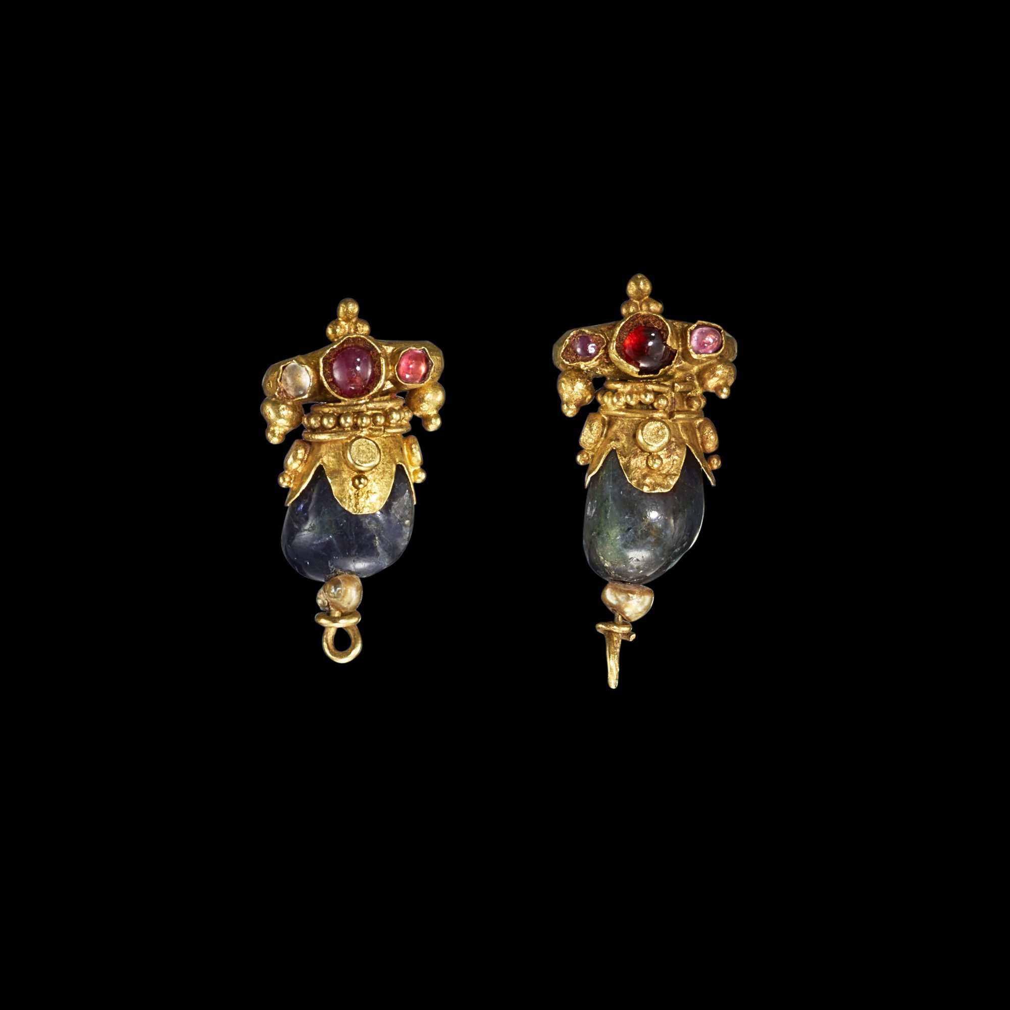 A pair of gold floral earrings with semi-precious stone Java, Indonesia ...