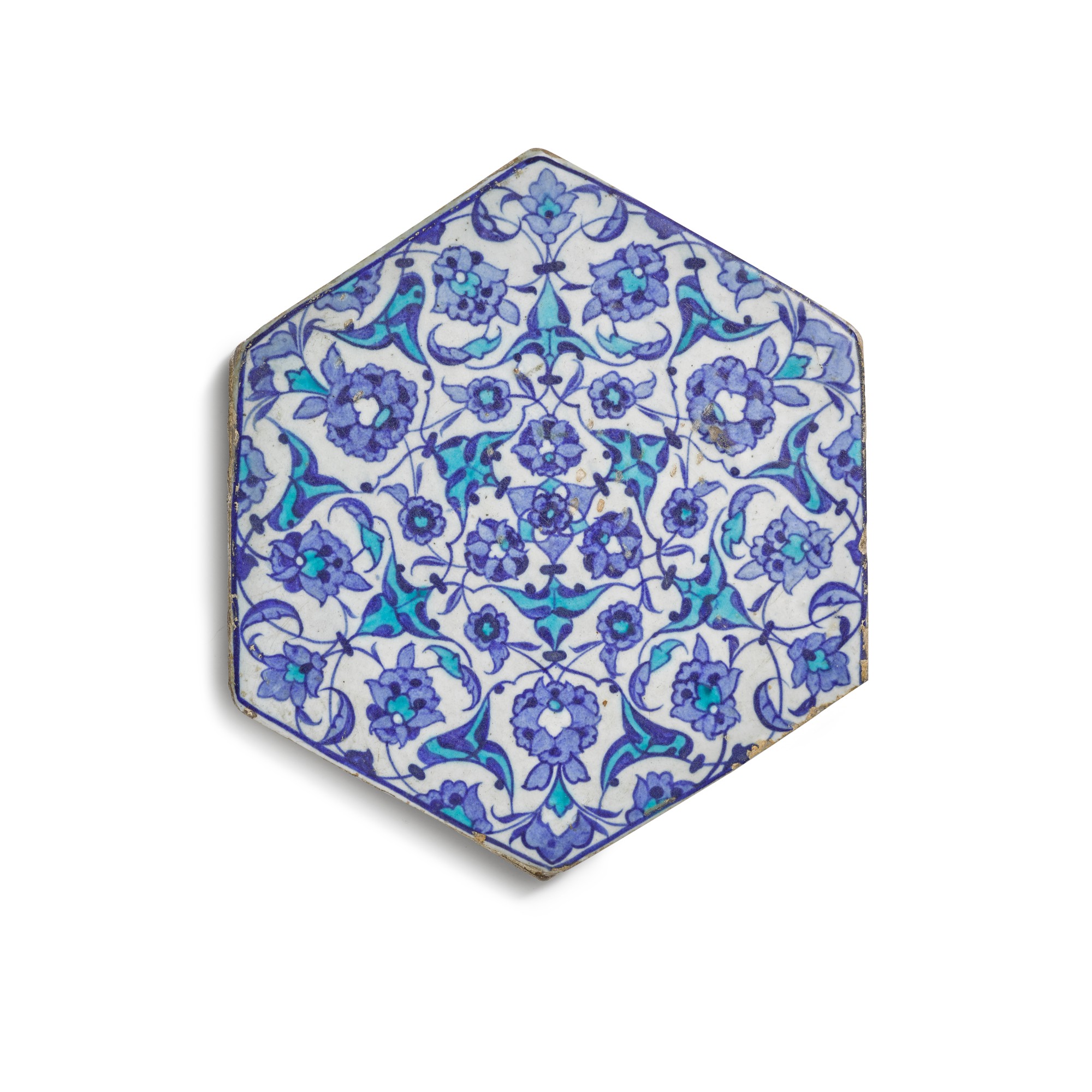 An Iznik blue and turquoise pottery hexagonal tile, Turkey, circa 1525 ...